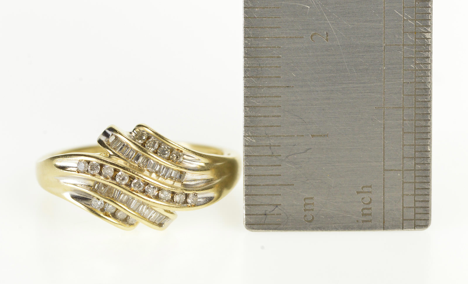 10K Tiered Diamond Channel Inset Wavy Freeform Yellow Gold Ring, Size 7 ...