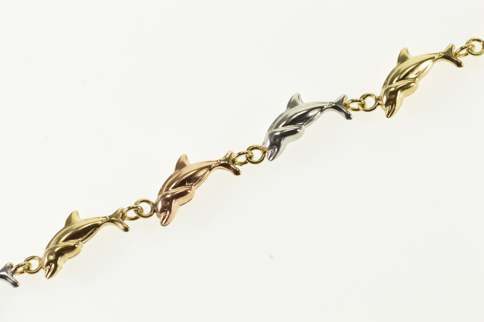 10K Tri Tone Puffy Dolphin Link Chain Yellow Gold Bracelet 6.75 ...