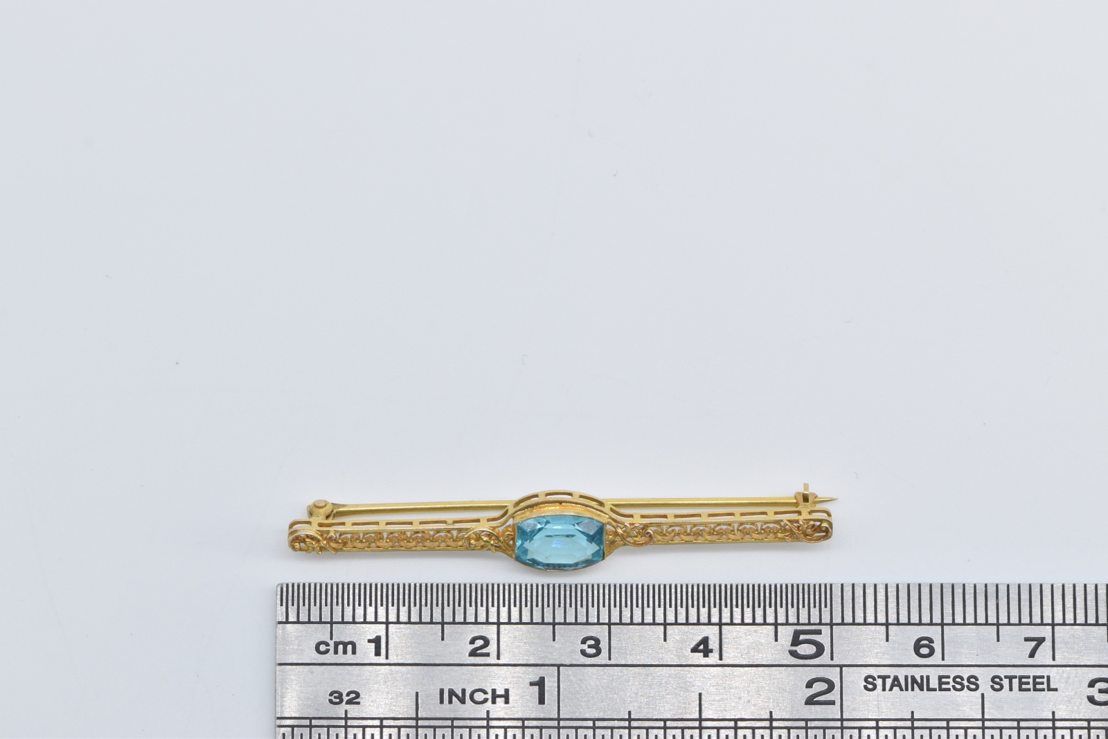 10K Victorian Blue Topaz Ornate Filigree Bar Yellow Gold Pin/Brooch ...