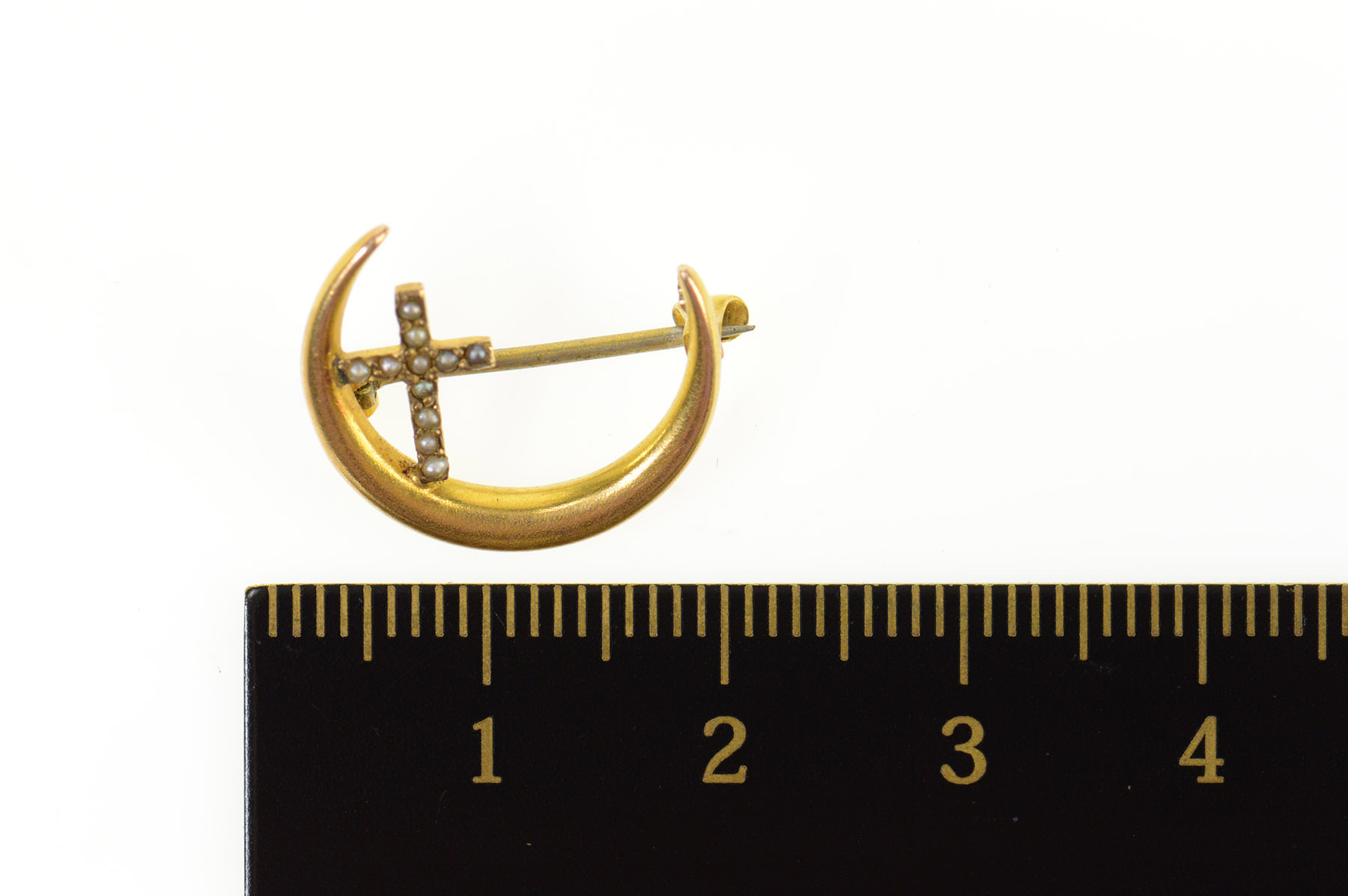 10K Victorian Crescent Moon Cross Seed Pearl Yellow Gold Pin/Brooch ...