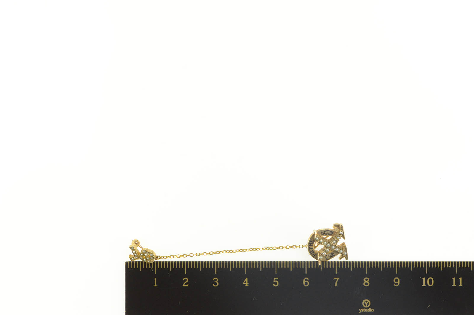 10K Victorian Phi Gamma Seed Pearl Lapel Chain Yellow Gold Pin/Brooch ...