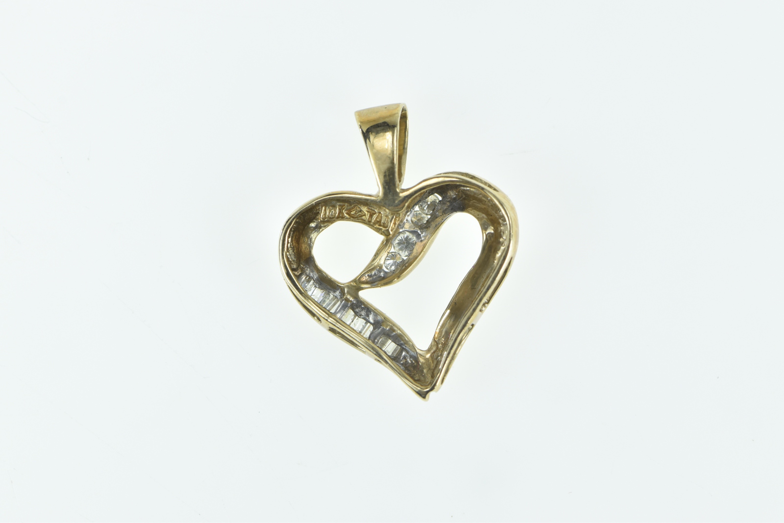 10K Vintage Baguette Diamond Loop Heart Love Yellow Gold Pendant ...