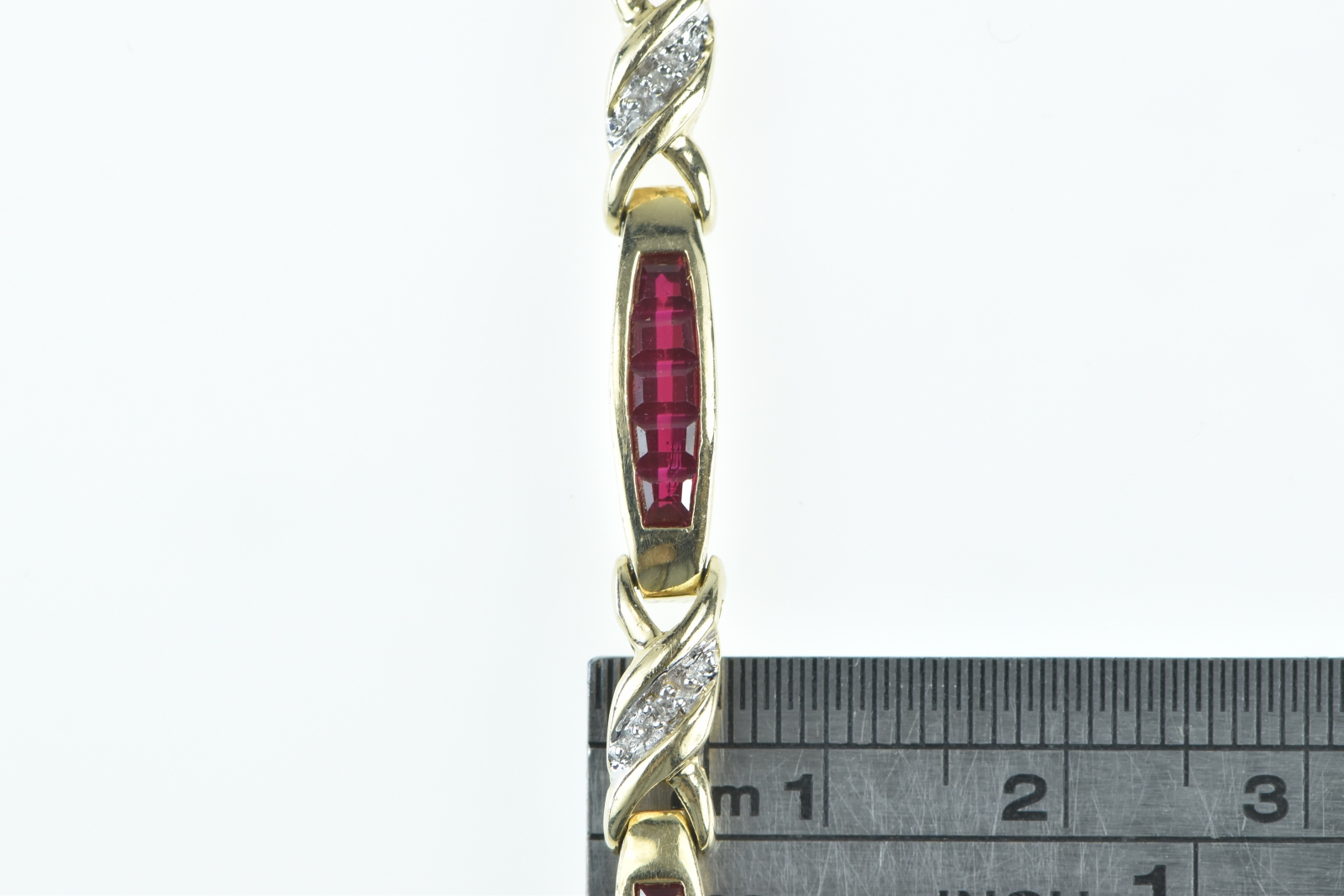 10K Vintage Diamond Syn. Ruby Princess Tennis Yellow Gold Bracelet 6.75 ...