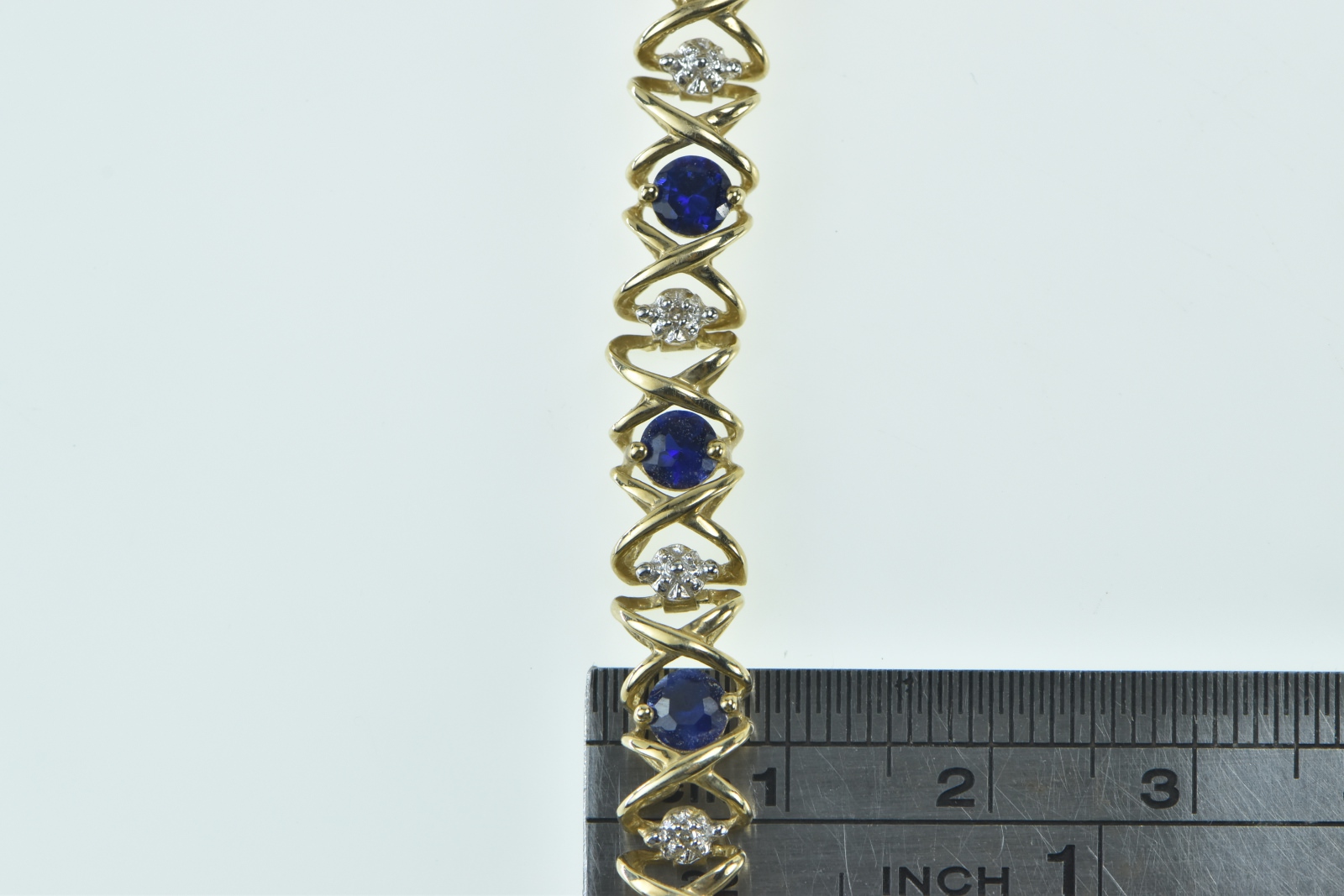 10K Vintage Syn. Sapphire Diamond X Link Tennis Yellow Gold Bracelet 7 ...