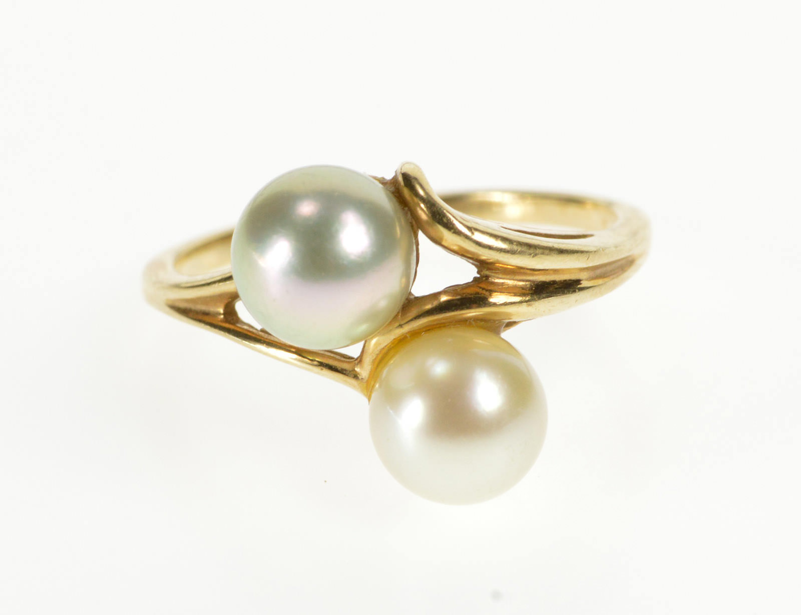 10K White and Blue Pearl Inset Freeform Bypass Yellow Gold Ring, Size 7 ...