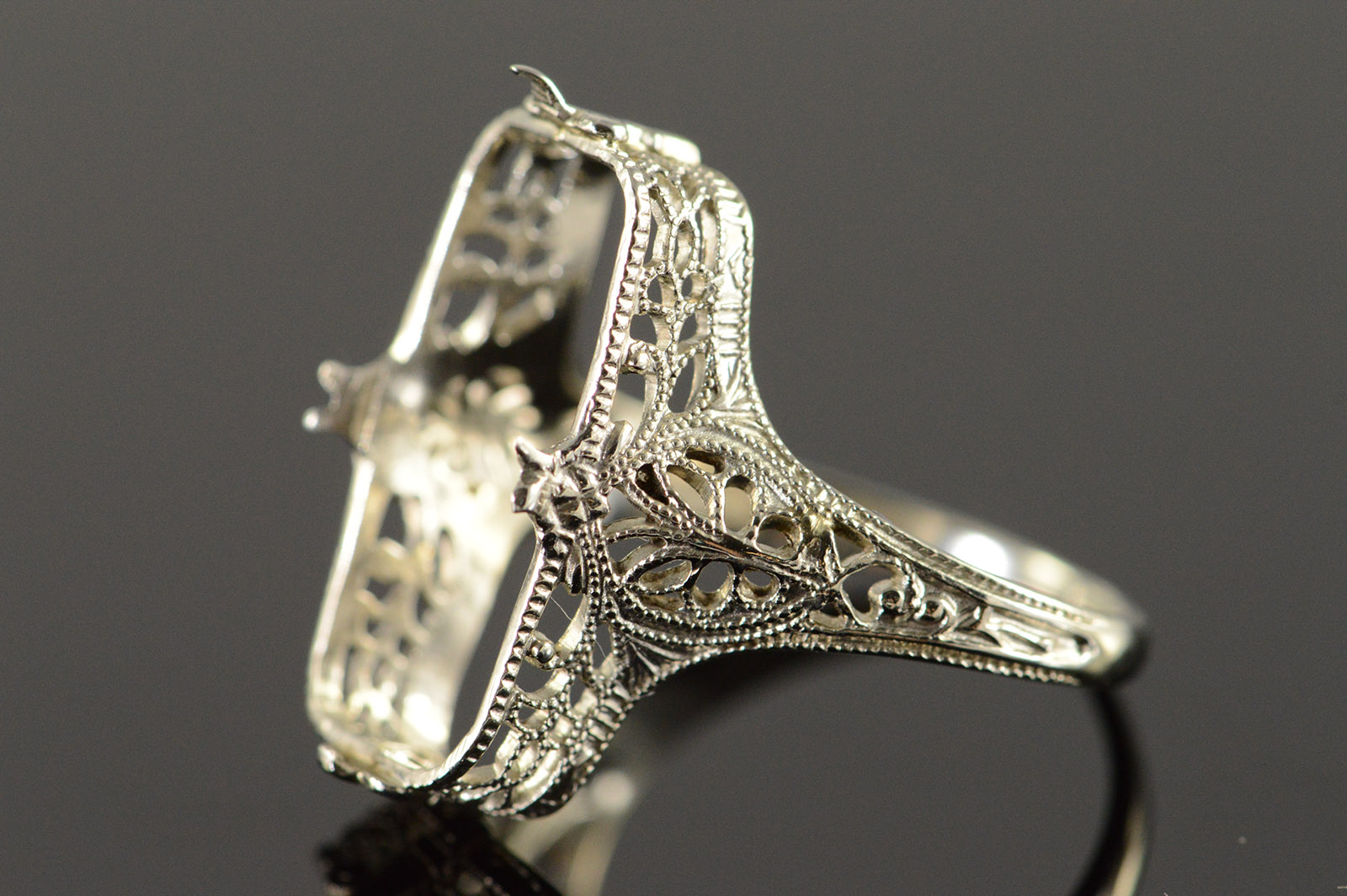 14K 18x9mm Vintage Antique Filigree Setting Mounting White Gold Ring ...