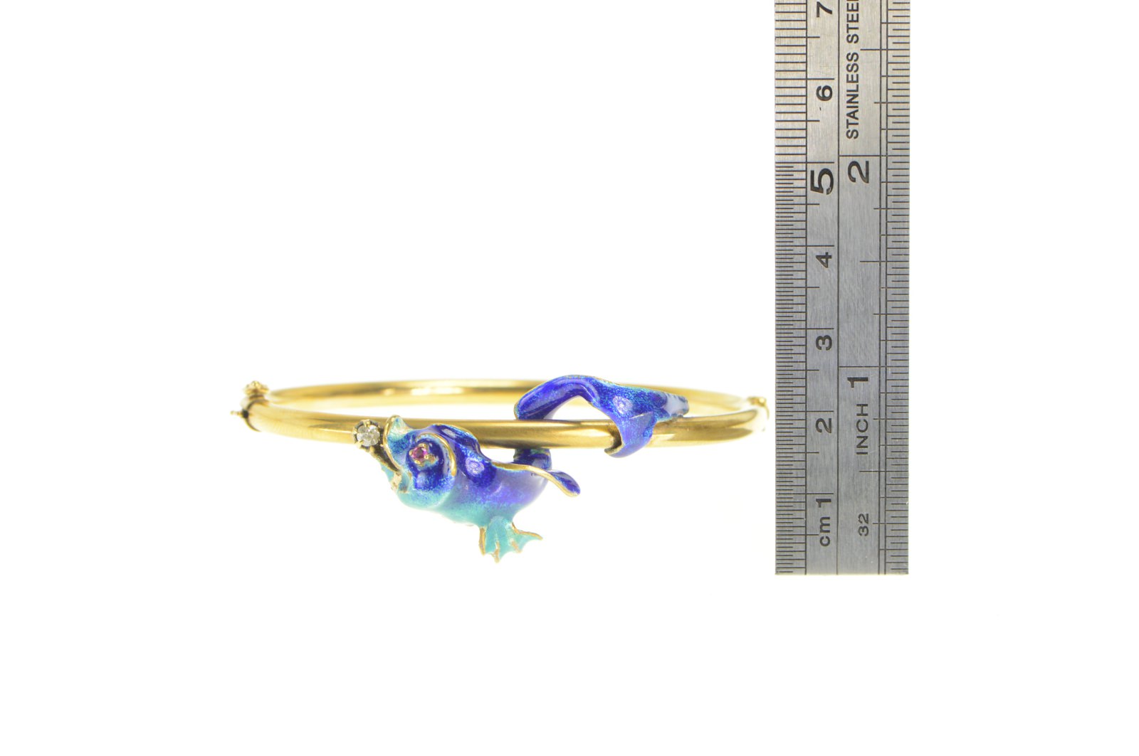14K 1930's Diamond Blue Enamel Fish Bangle Yellow Gold Bracelet 6.75 ...
