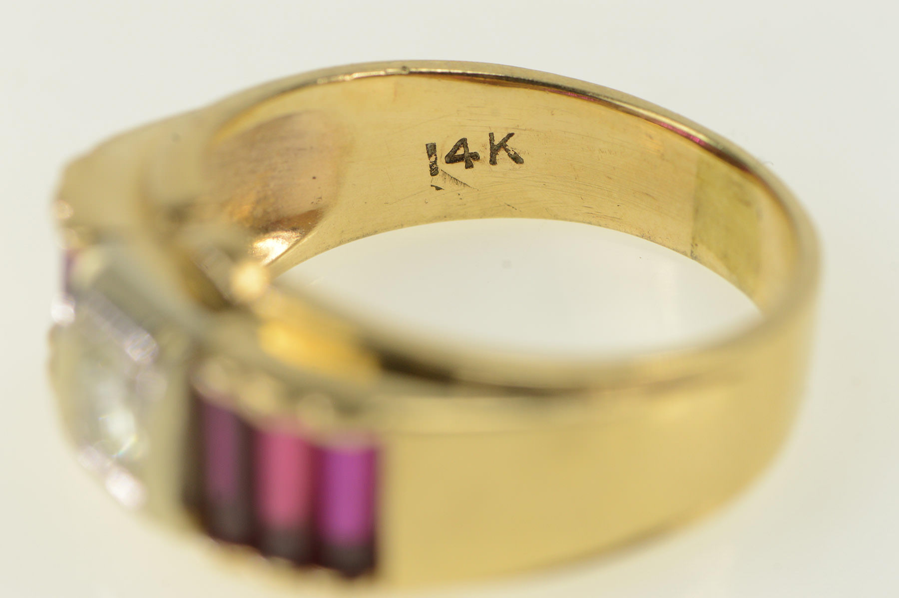 14K 1930's Diamond Syn. Ruby Bar Men's Yellow Gold Ring, Size 10.75 ...