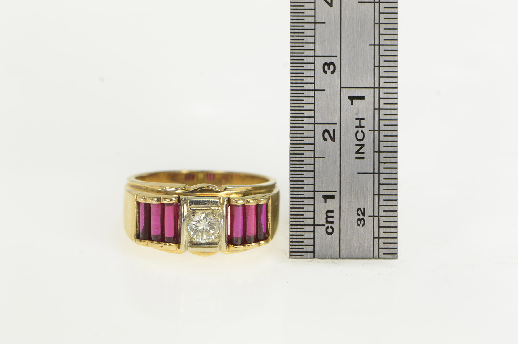 14K 1930's Diamond Syn. Ruby Bar Men's Yellow Gold Ring, Size 10.75 ...