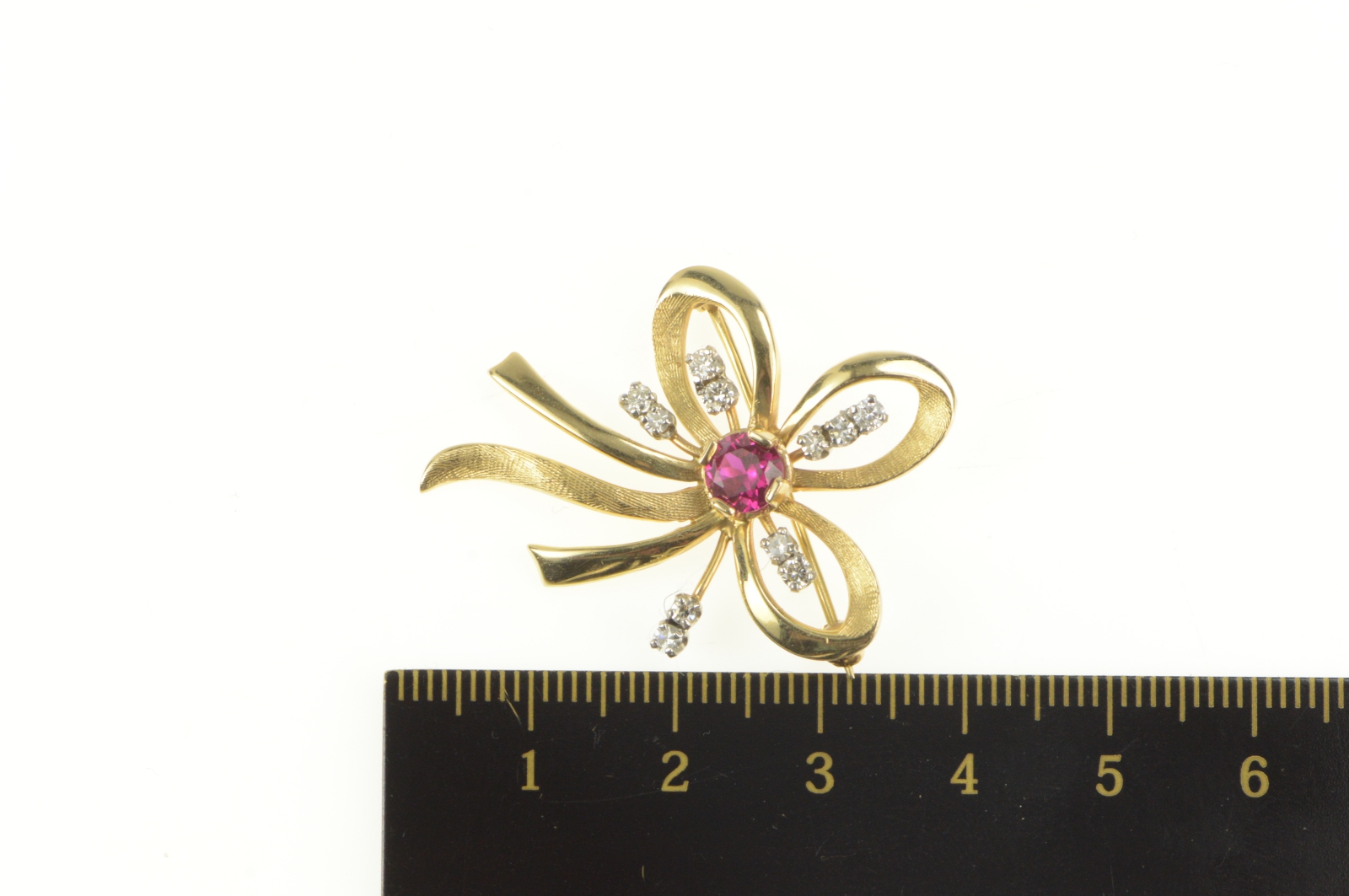 14K 1930's Syn. Ruby Diamond Accent Bow Ribbon Yellow Gold Pin/Brooch ...