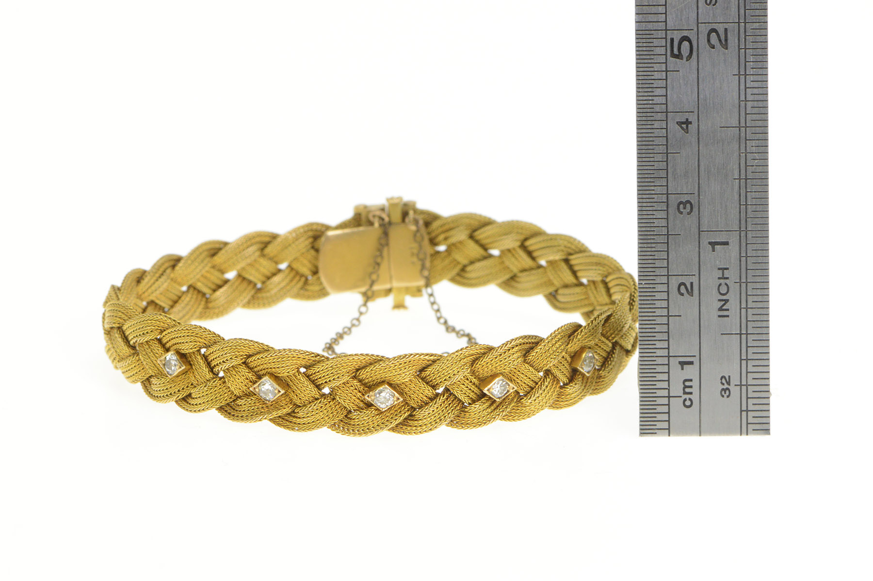 14K 1950's Diamond Plait Braid Woven Chain Yellow Gold Bracelet 7 ...