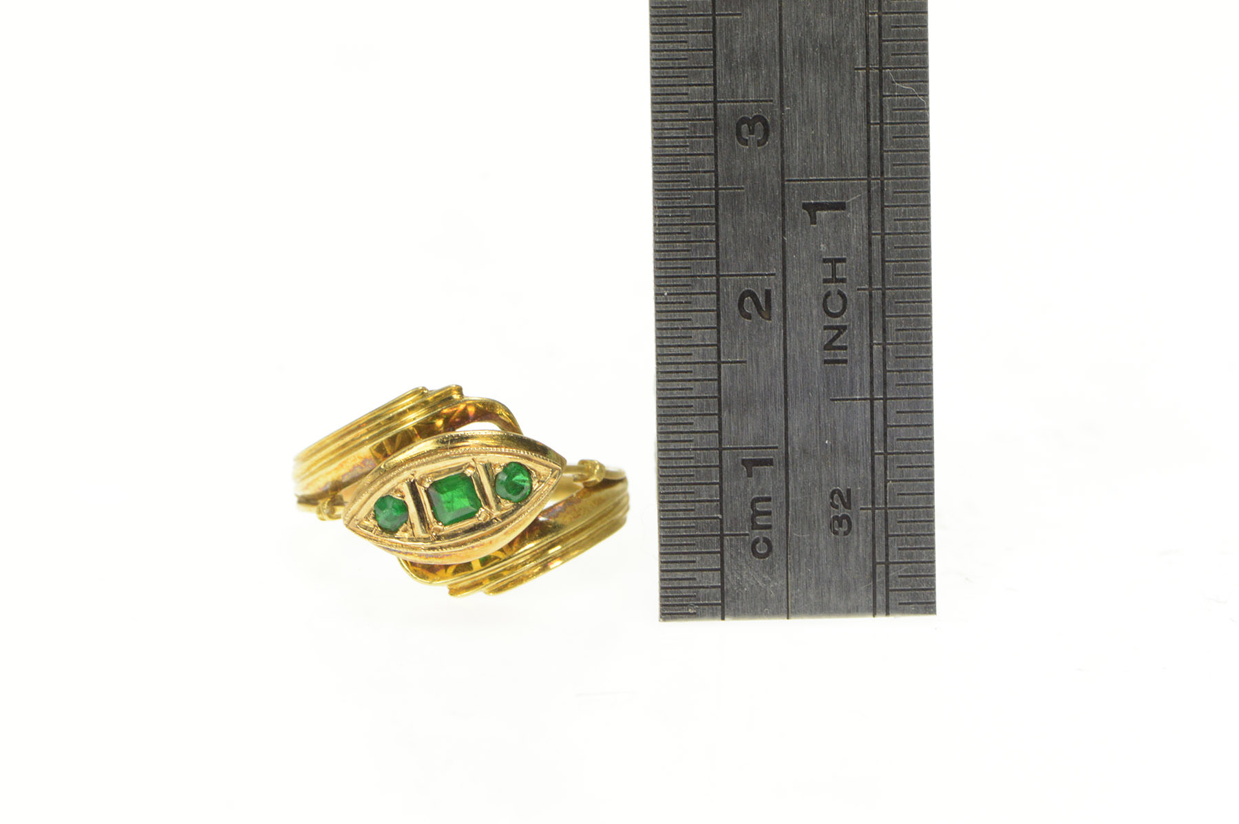 14K 1950's Natural Emerald Raised Filigree Bypass Yellow Gold Ring ...