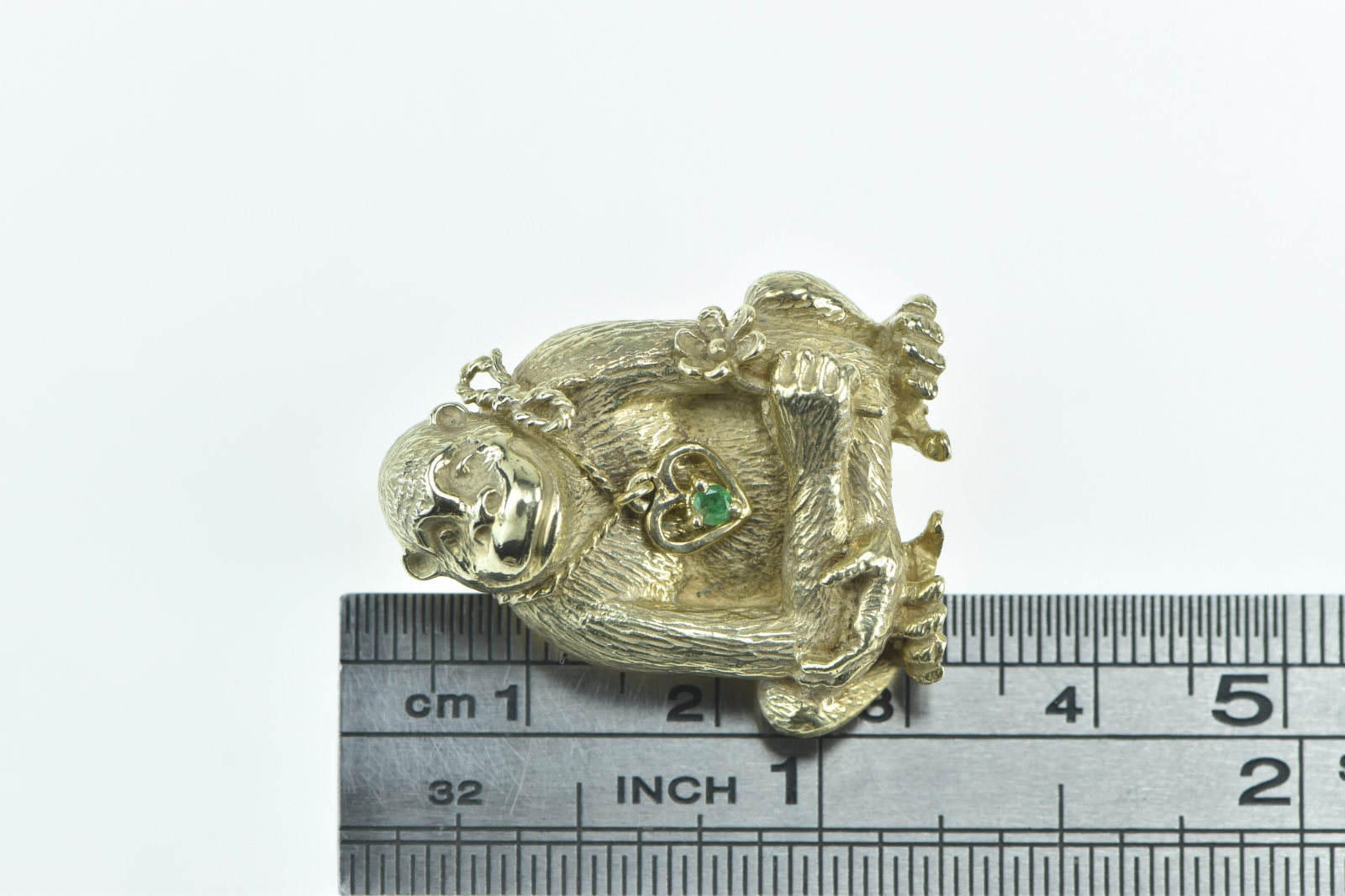14K 1960's Chimp Monkey Emerald Heart Flower Yellow Gold Charm/Pendant ...