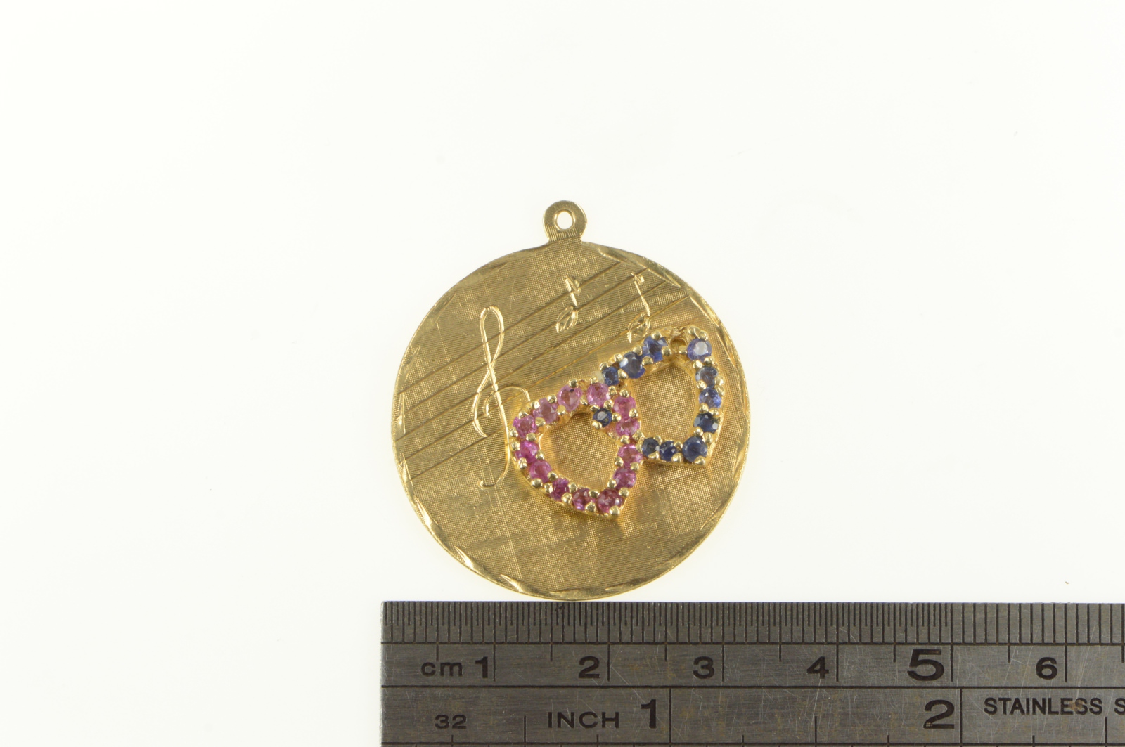 14K 1960's Ruby Sapphire Heart Music Note Yellow Gold Charm/Pendant ...