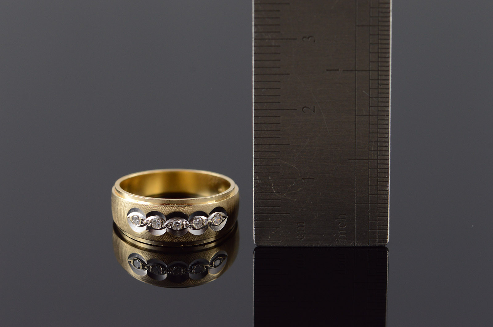 14K 1970's Two Tone 5 Diamond Stone Inset Wedding Band Yellow Gold Ring ...