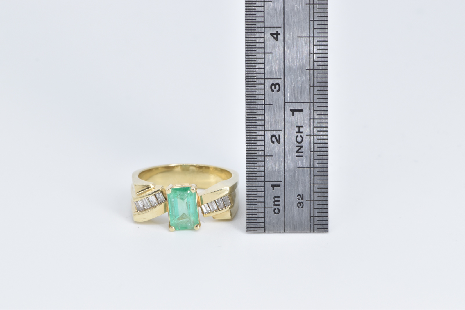 14K 2.35 Ctw Natural Emerald Baguette Diamond Yellow Gold Ring, Size 7. ...