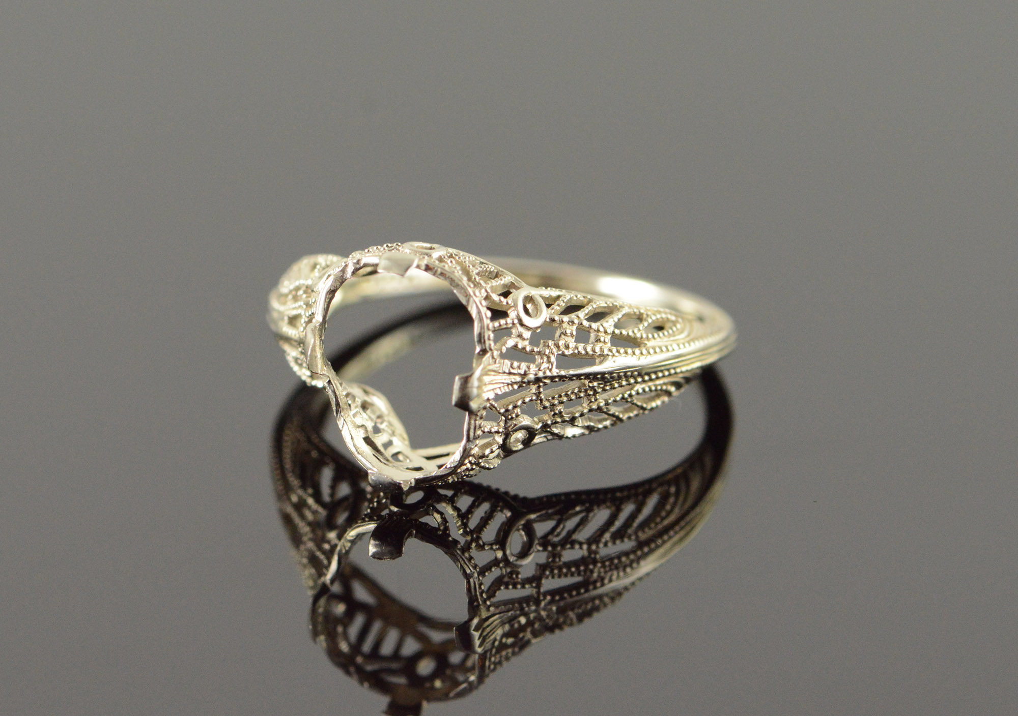 14K 8x6mm Filigree Vintage Engagement Mounting Mount Setting White Gold ...