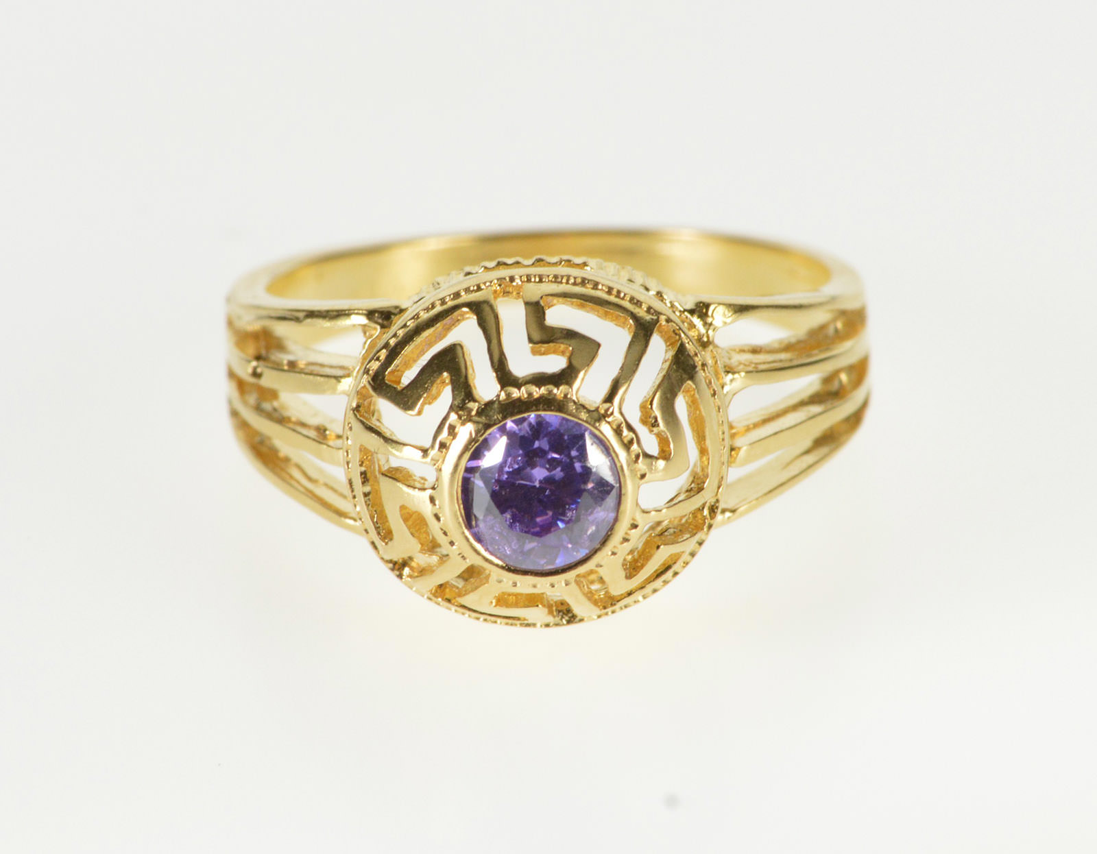 14K Amethyst Greek Key Wave Pattern Rounded Design Yellow Gold Ring ...