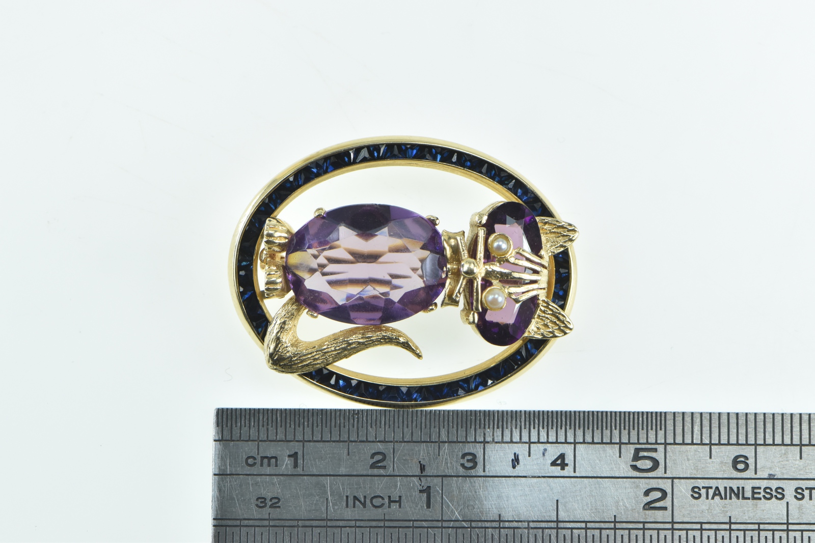 14K Amethyst Seed Pearl Syn. Sapphire Cat Oval Yellow Gold Pin/Brooch ...