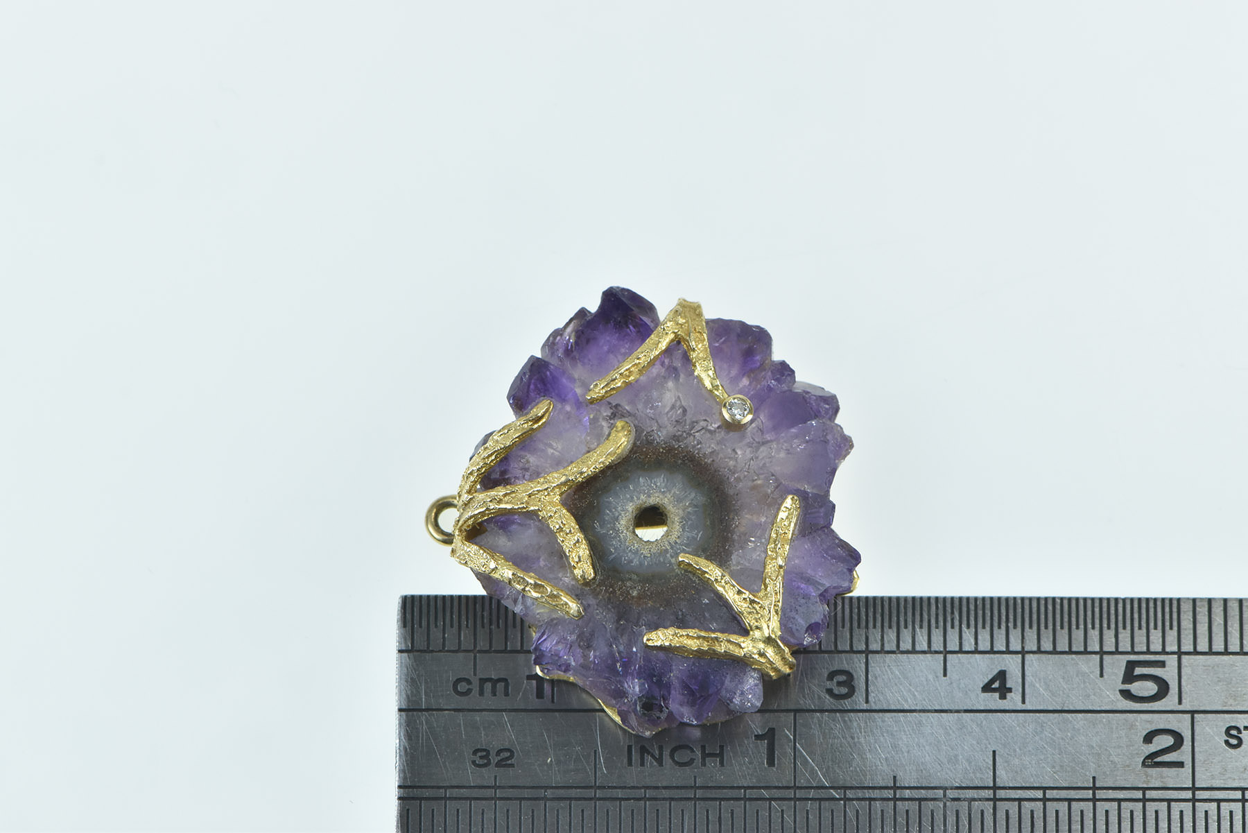 14K Amethyst Slice Geode Diamond Leaf Branch Yellow Gold Pendant ...