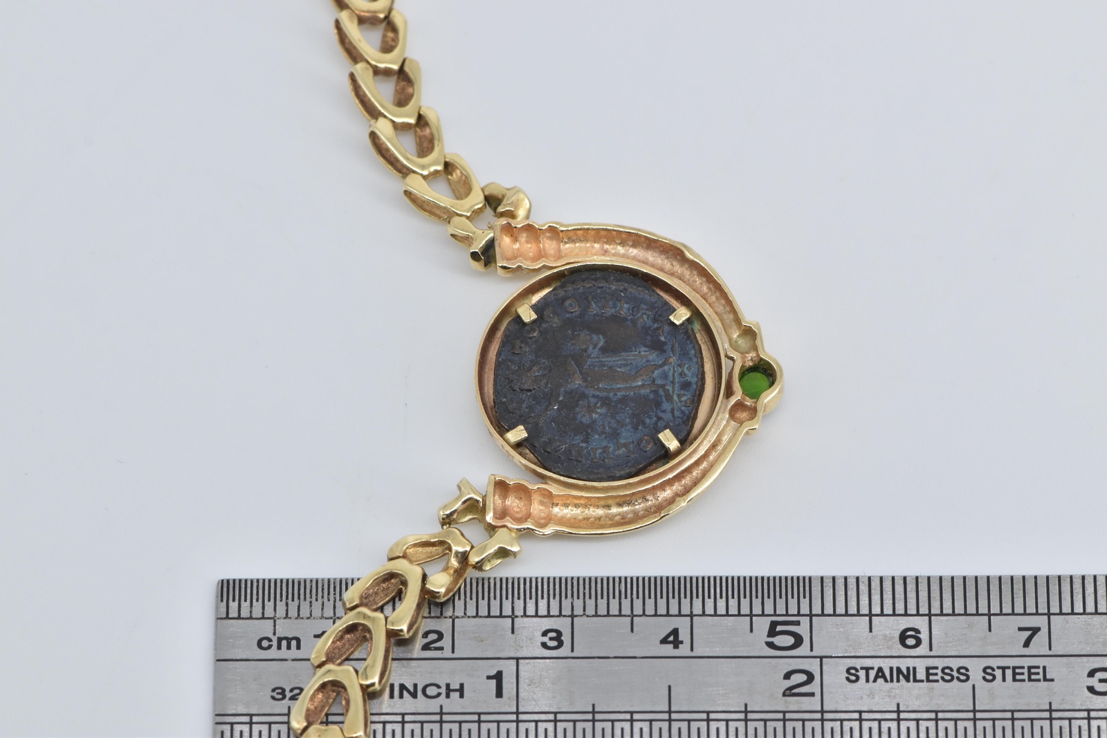 14K Ancient Roman Coin Peridot Arrow Link Chain Yellow Gold Necklace 15 ...