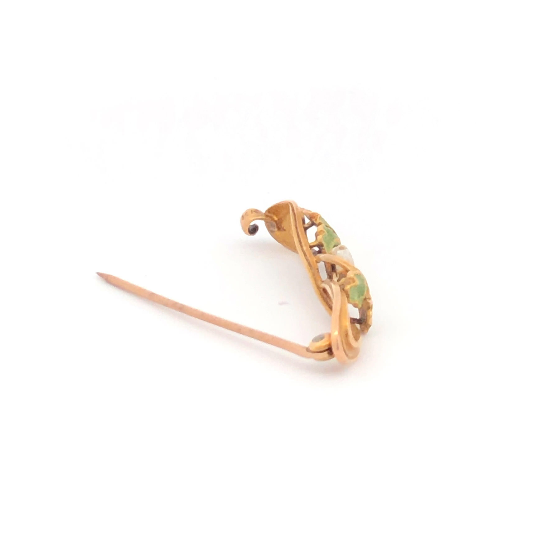 14K Art Nouveau Pearl Natural Acorn Oak Enamel Yellow Gold Pin/Brooch ...