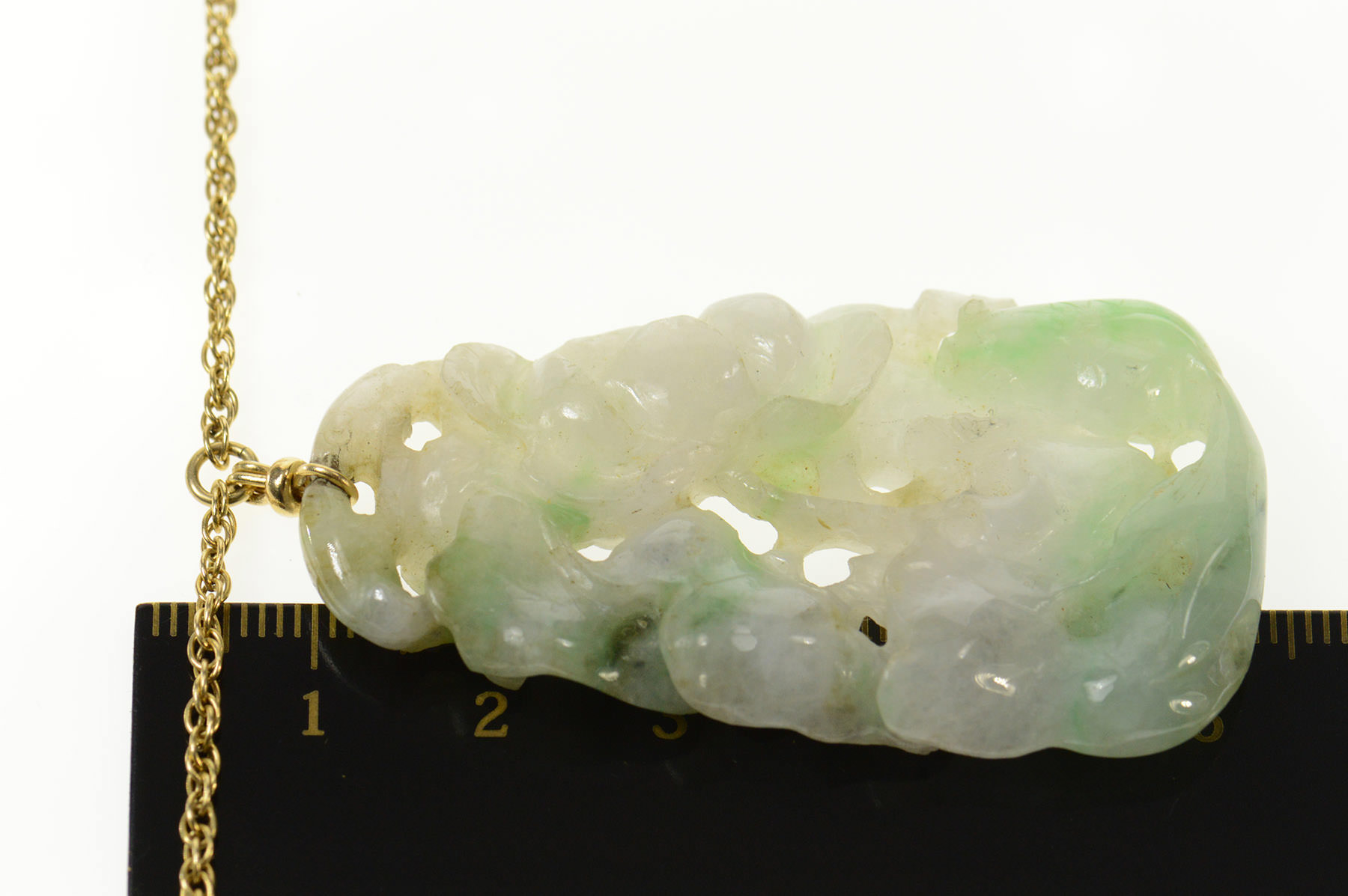 14K Carved Floral Jade Talisman Statement Chain Yellow Gold Necklace 22 ...