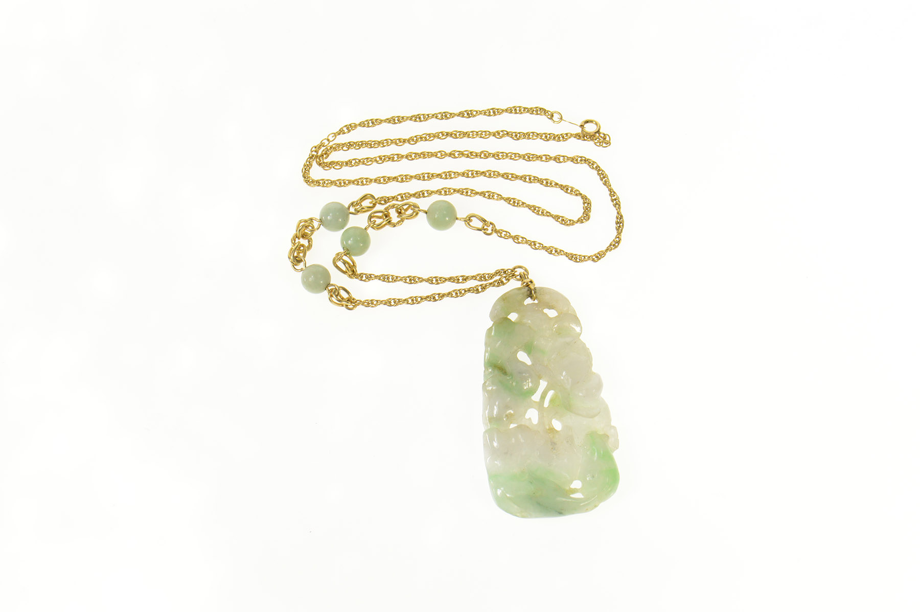 14K Carved Floral Jade Talisman Statement Chain Yellow Gold Necklace 22 ...