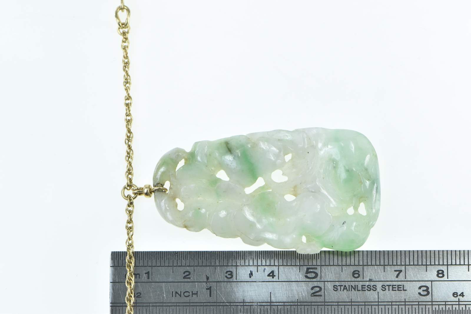 14K Carved Floral Jade Talisman Statement Chain Yellow Gold Necklace 22 ...