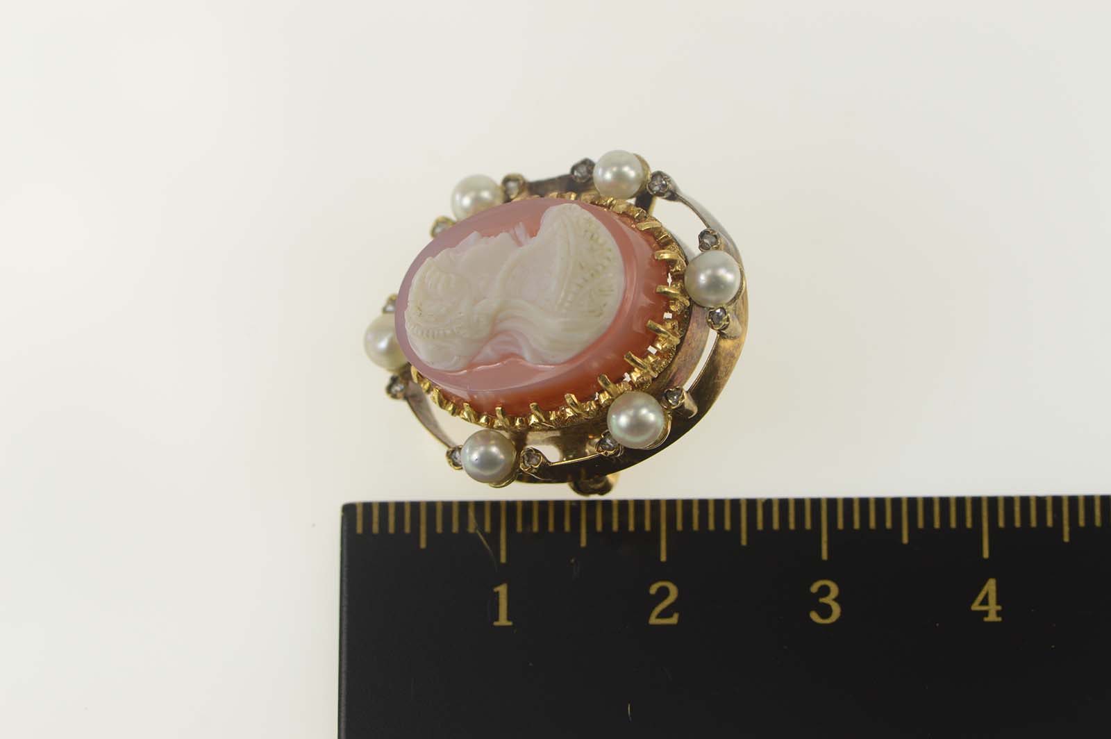 14K Catherine De Medici Pearl Diamond Cameo Yellow Gold Pin/Brooch ...