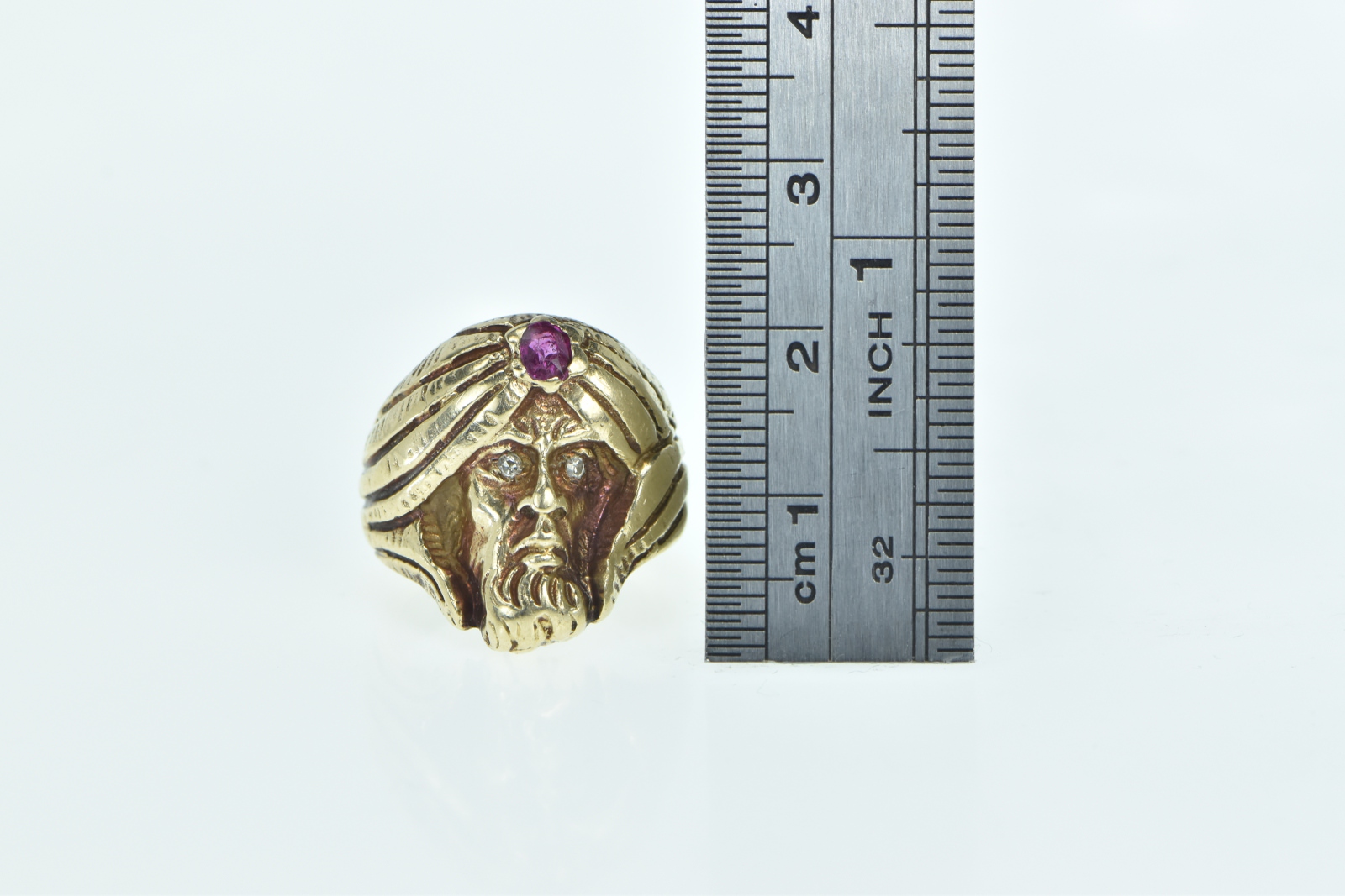 14K Diamond Eyed Ruby Turban Jafar Statement Yellow Gold Ring, Size 4. ...