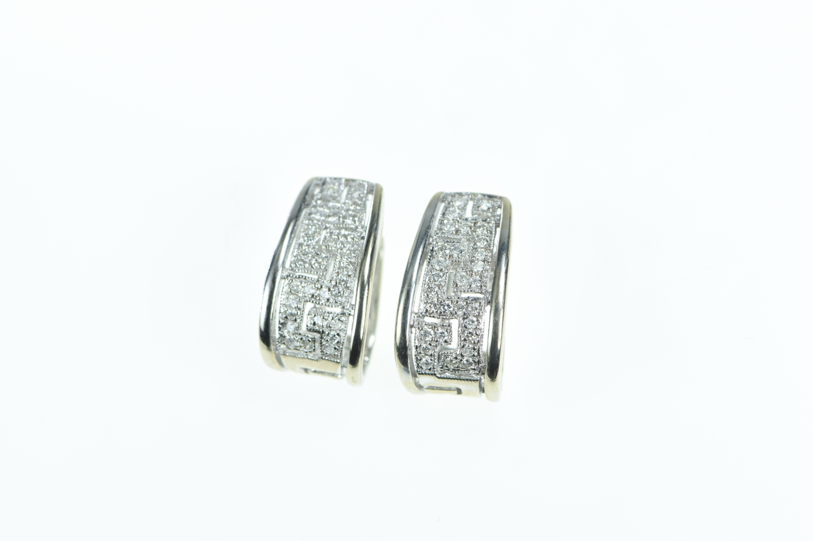 14K Diamond Greek Wave Vintage Hoop White Gold Earrings | Property Room