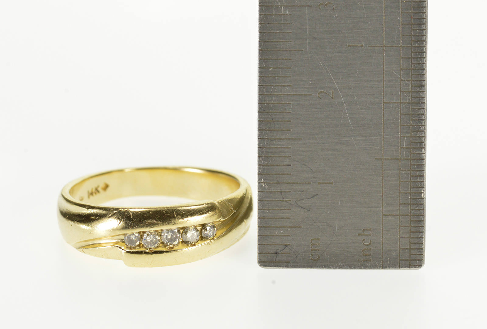 14K Diamond Grooved Channel Inset Wavy Band Yellow Gold Ring, Size 8.5 ...
