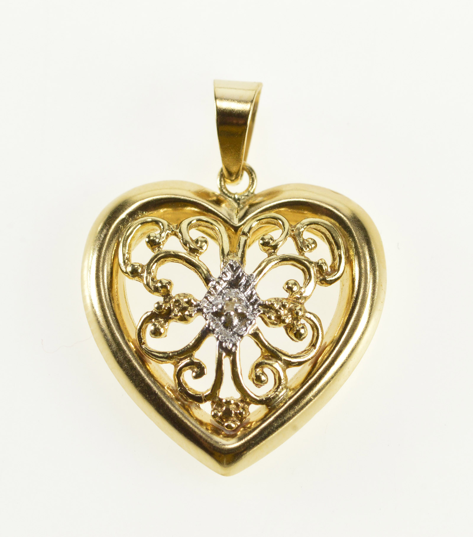 14K Diamond Inset Scroll Filigree Heart Anniversary Yellow Gold Pendant ...