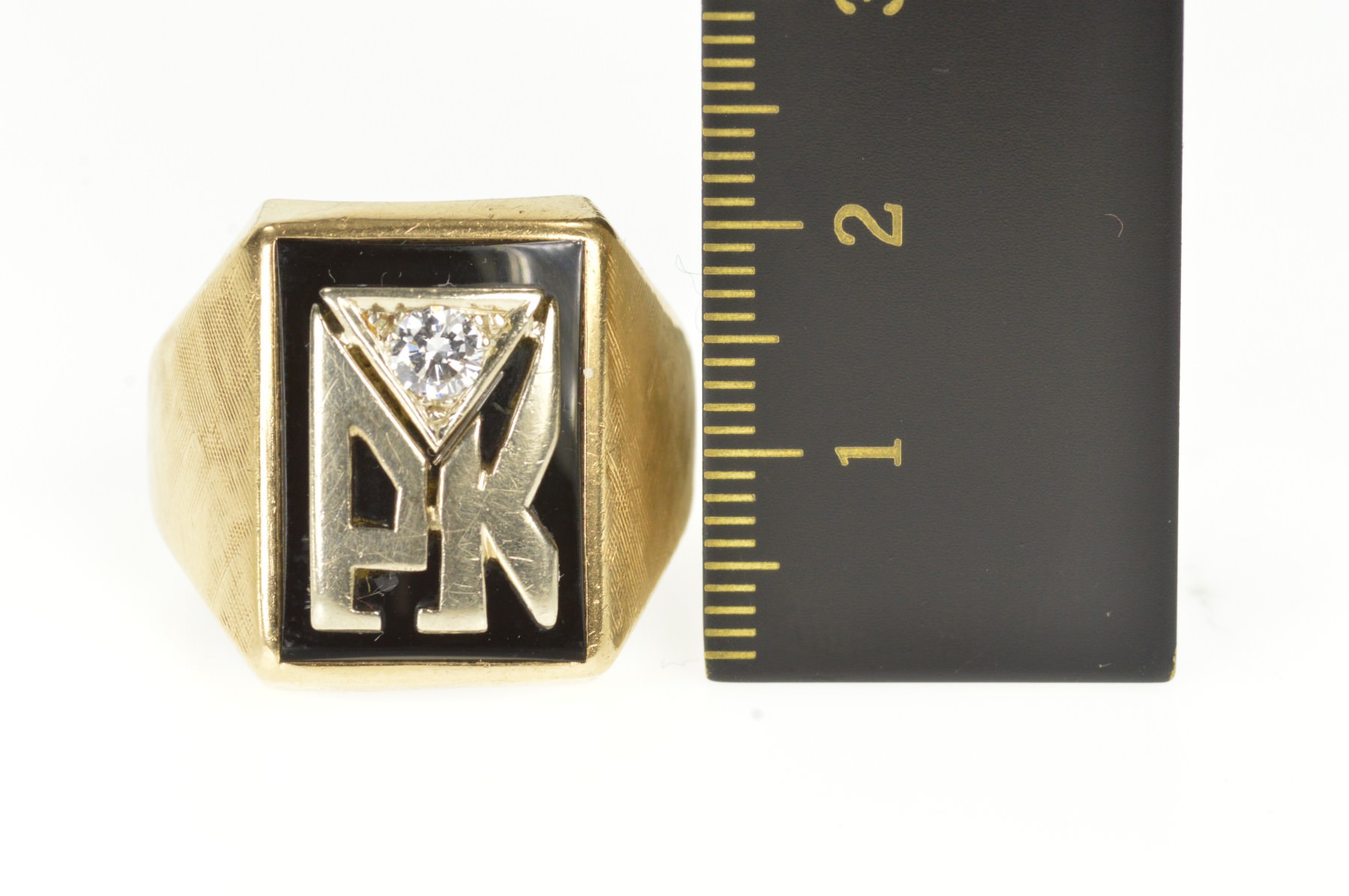 14K Diamond Men's Retro Black Onyx PK Monogram Yellow Gold Ring, Size ...