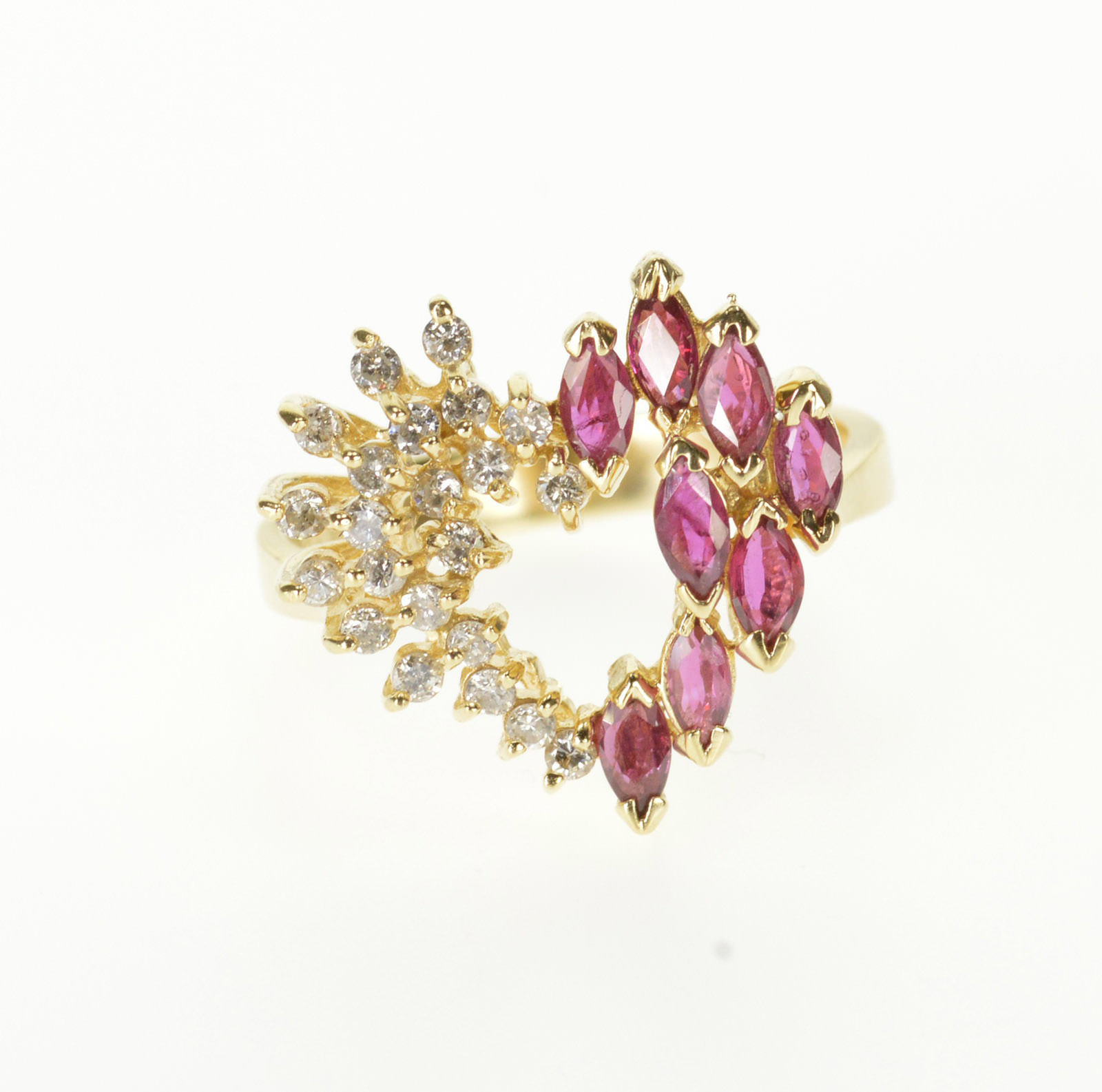 14K Diamond Ruby Marquise Round Encrusted Heart Yellow Gold Ring, Size ...