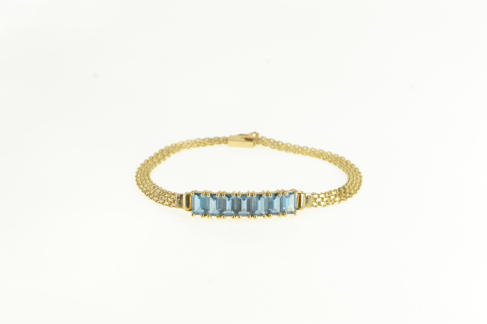 14K Emerald Cut Blue Topaz Box Chain Vintage Yellow Gold Bracelet 6.75 ...