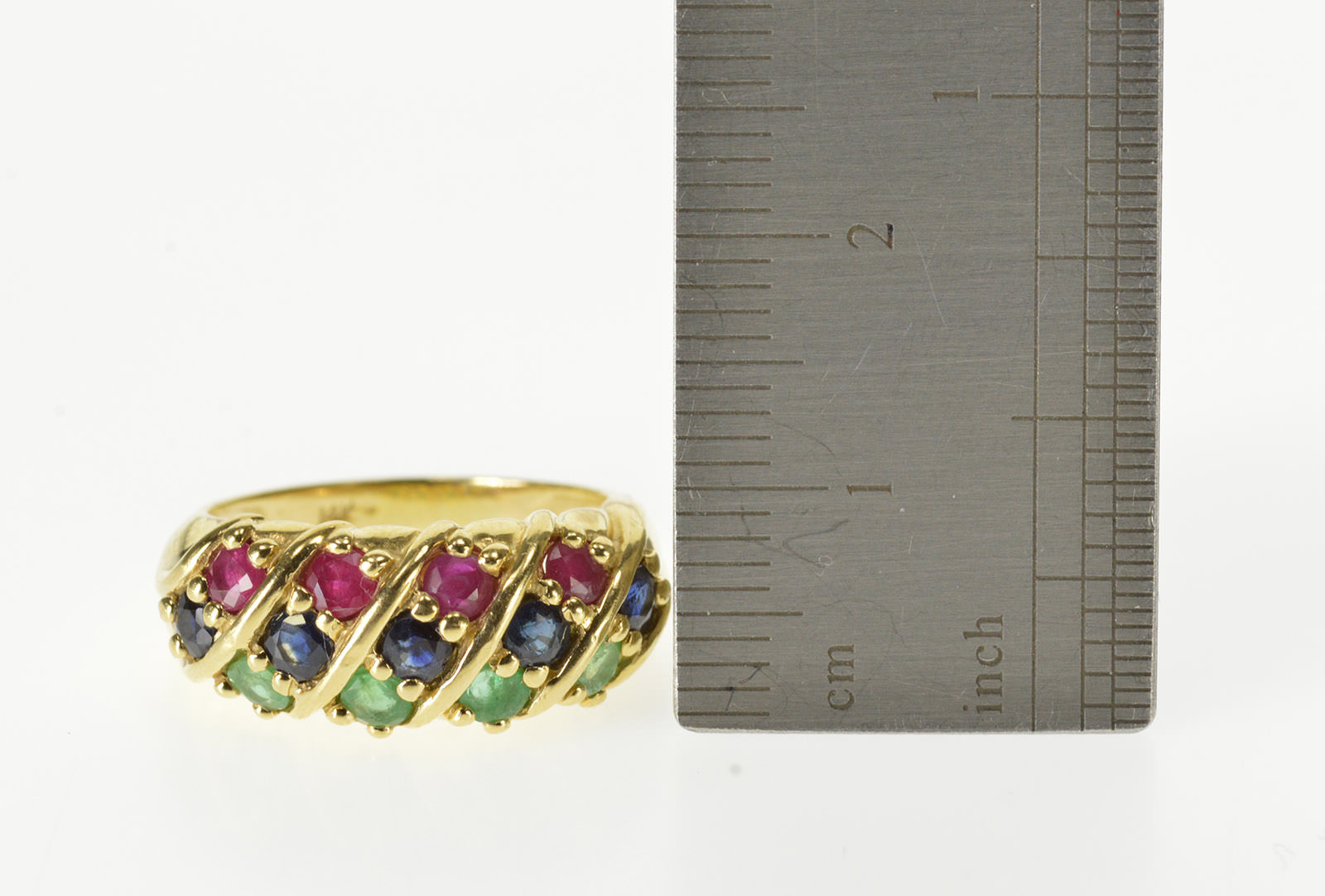 14K Emerald Sapphire Ruby Inset Diagonal Band Yellow Gold Ring, Size 5. ...
