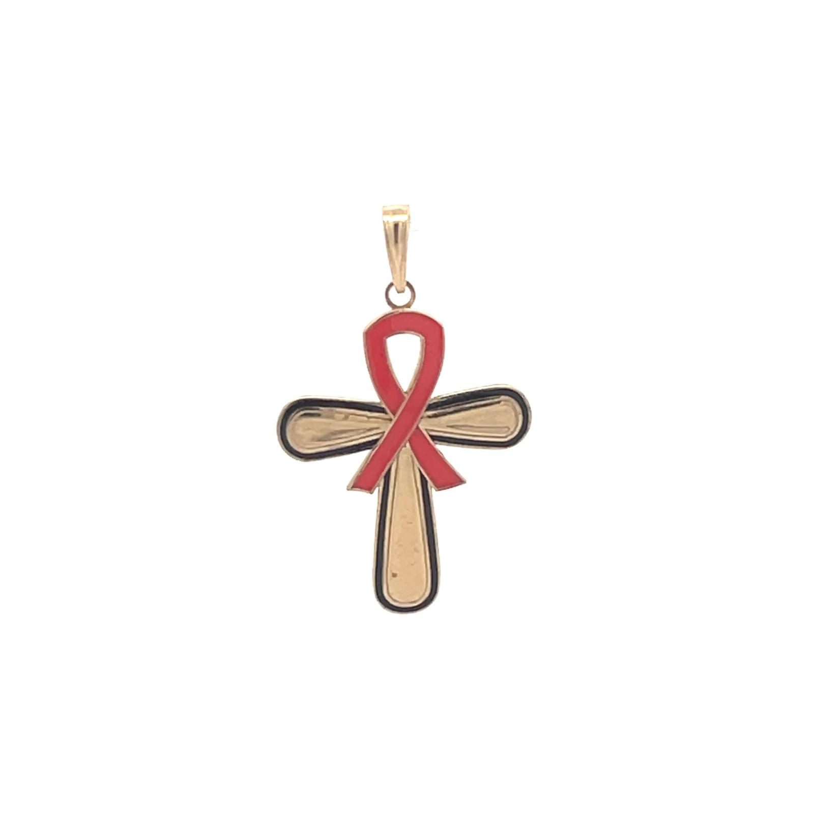 14K Enamel Breast Cancer Ribbon Cross Faith Yellow Gold Pendant ...