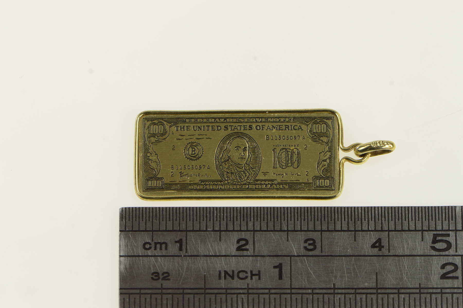 14K Etched $100 Dollar Bill Benjamin Cash Money Yellow Gold Charm ...