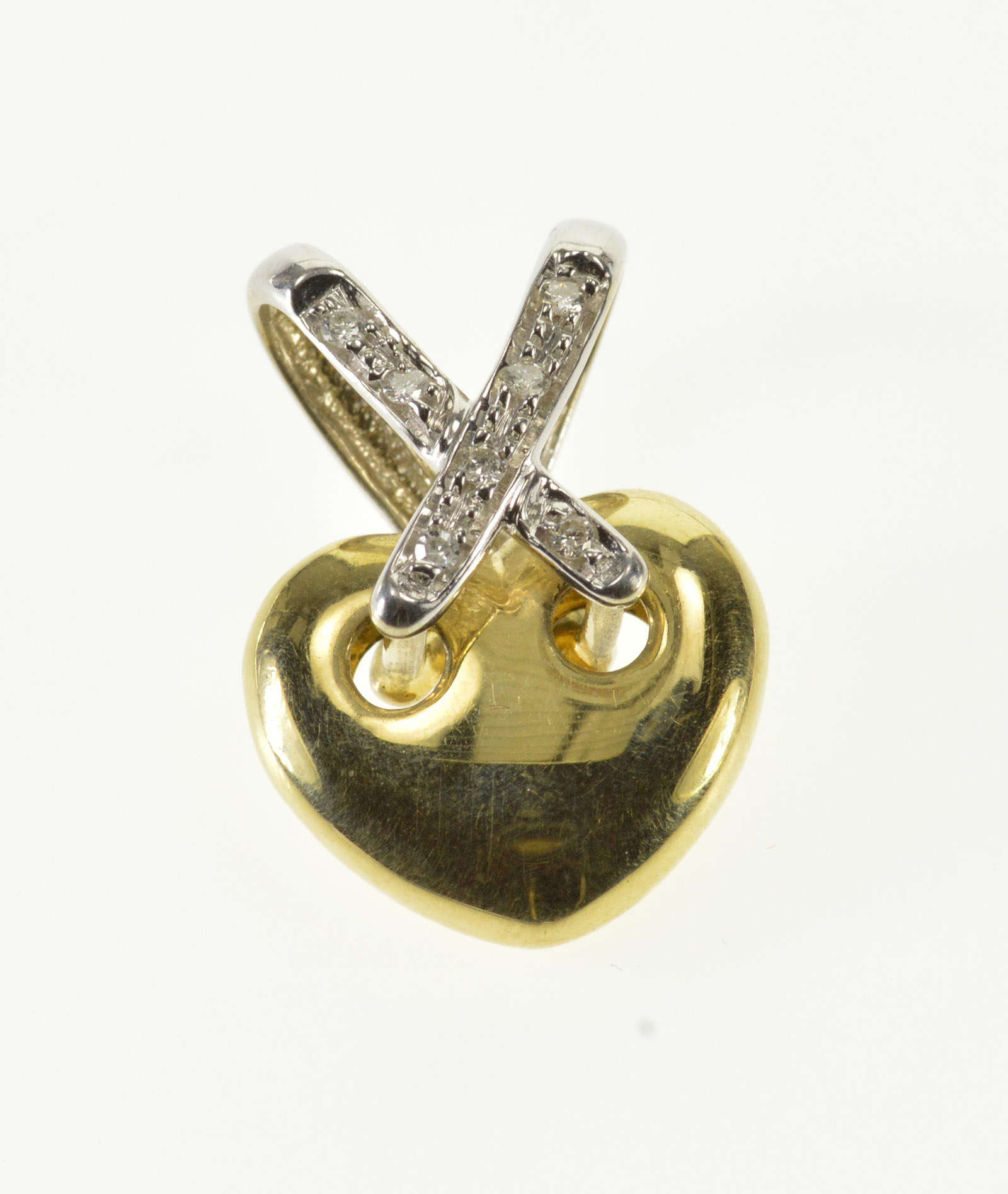 14K Heart Two Tone Criss Cross Bail Diamond Inset Yellow Gold Pendant ...