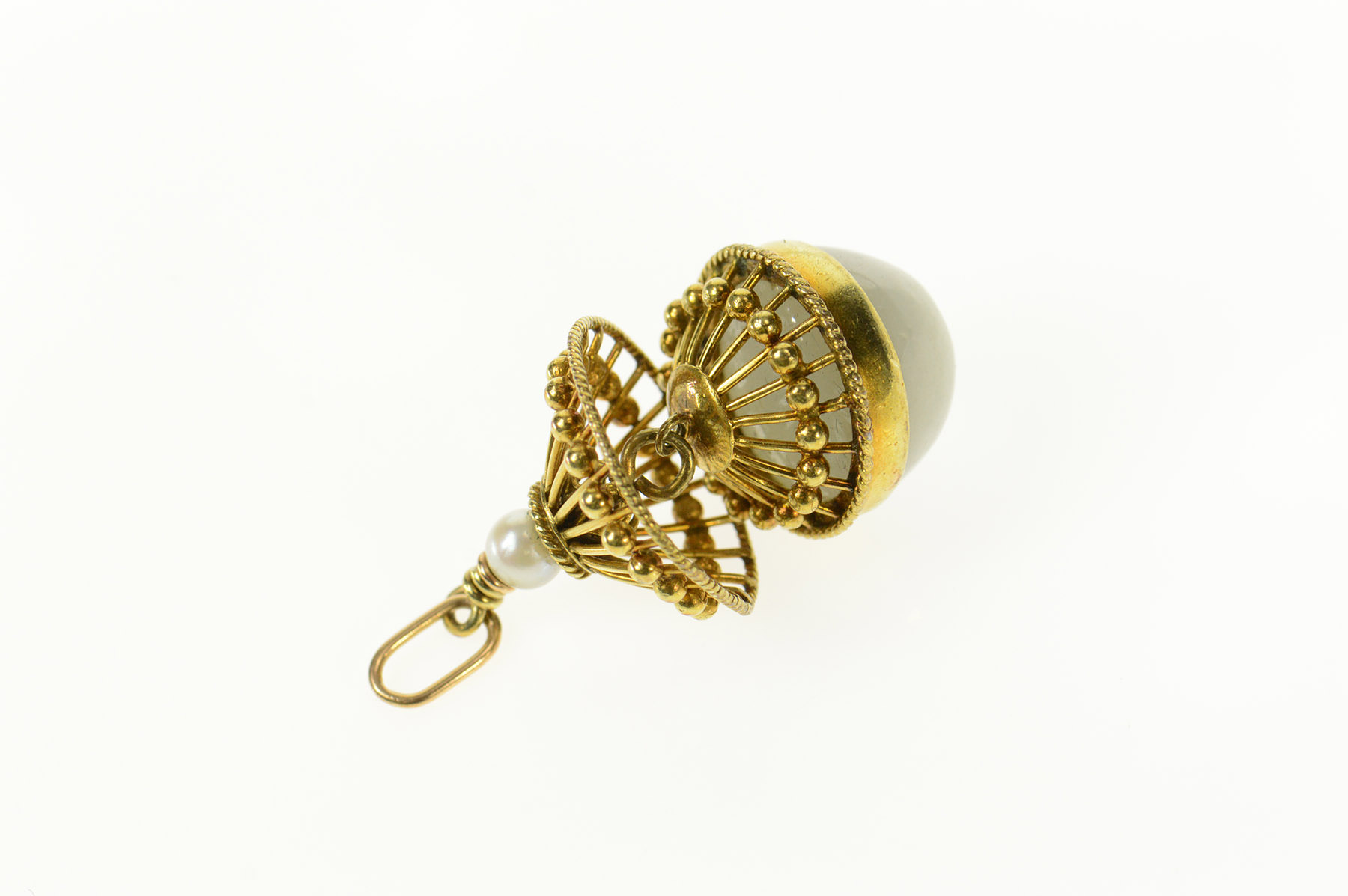 14K Jade Pearl Ornate Round Pendulum Drop Yellow Gold Pendant ...