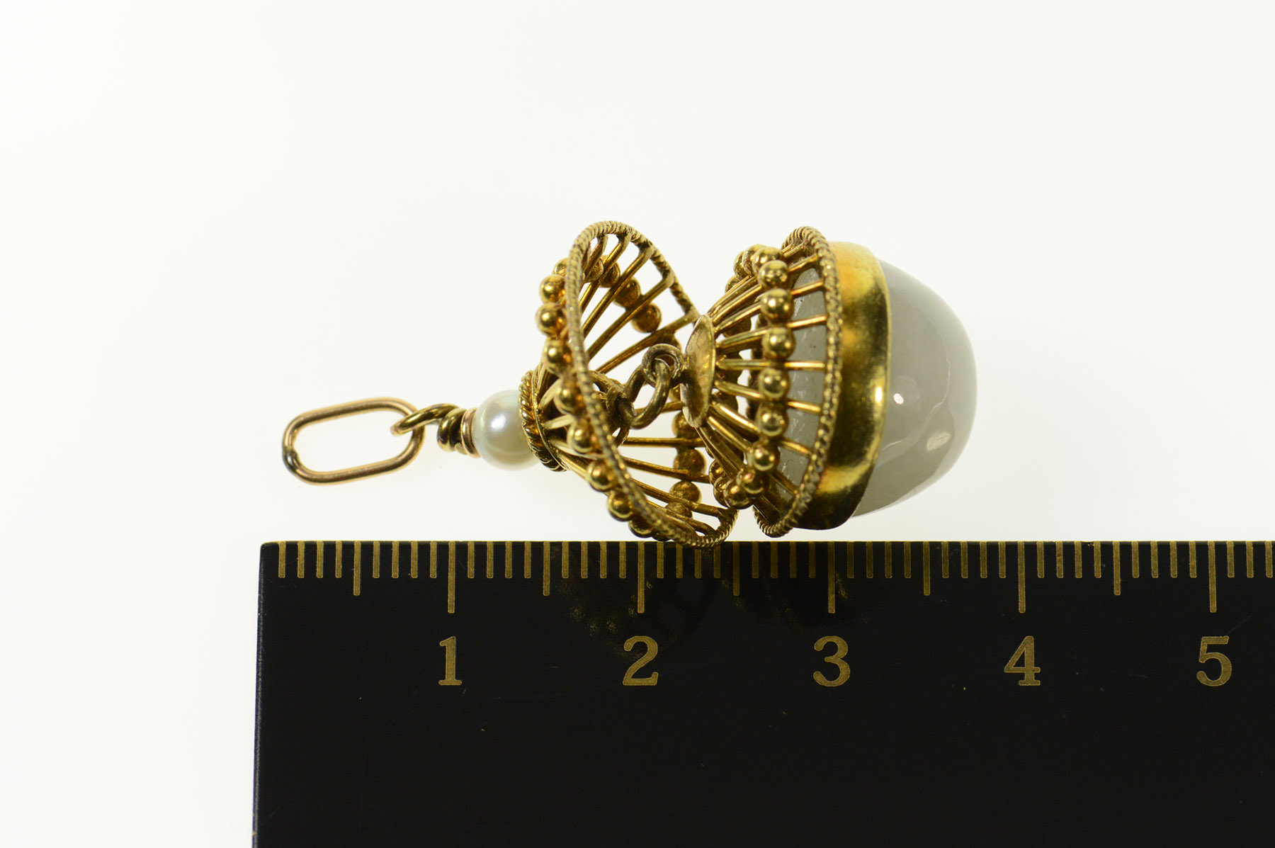 14K Jade Pearl Ornate Round Pendulum Drop Yellow Gold Pendant ...