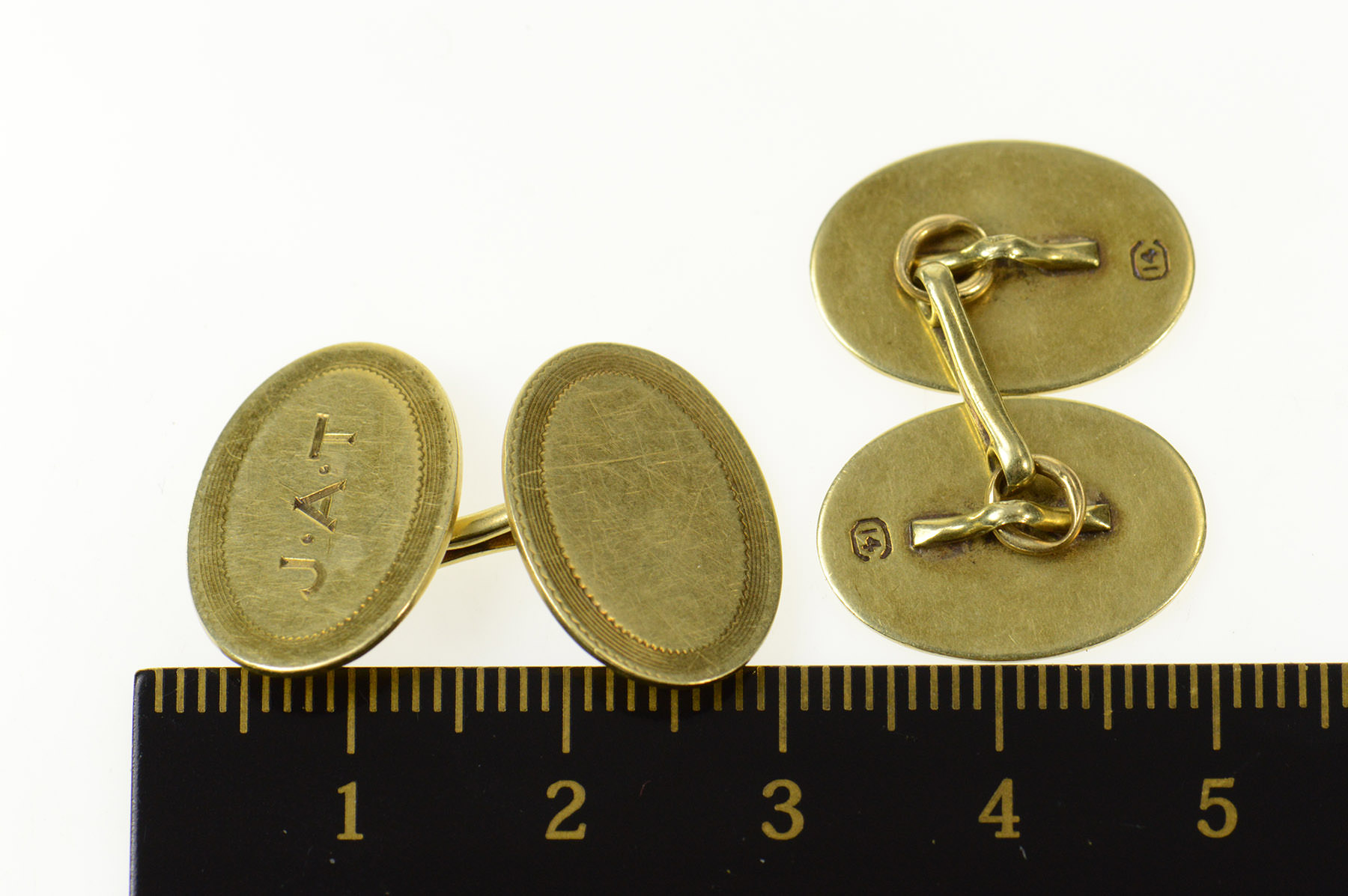 14K JAT Monogram Etched Art Deco Oval Men's Yellow Gold Cuff Links ...