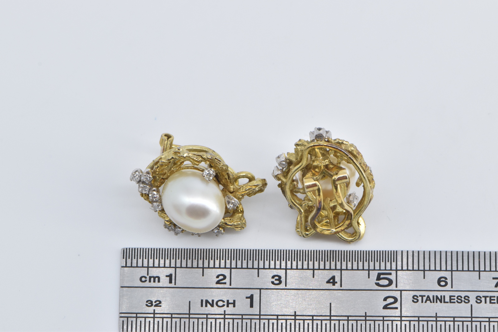 14K Larry Pearl Diamond Tree Motif French Clip Yellow Gold Earrings ...