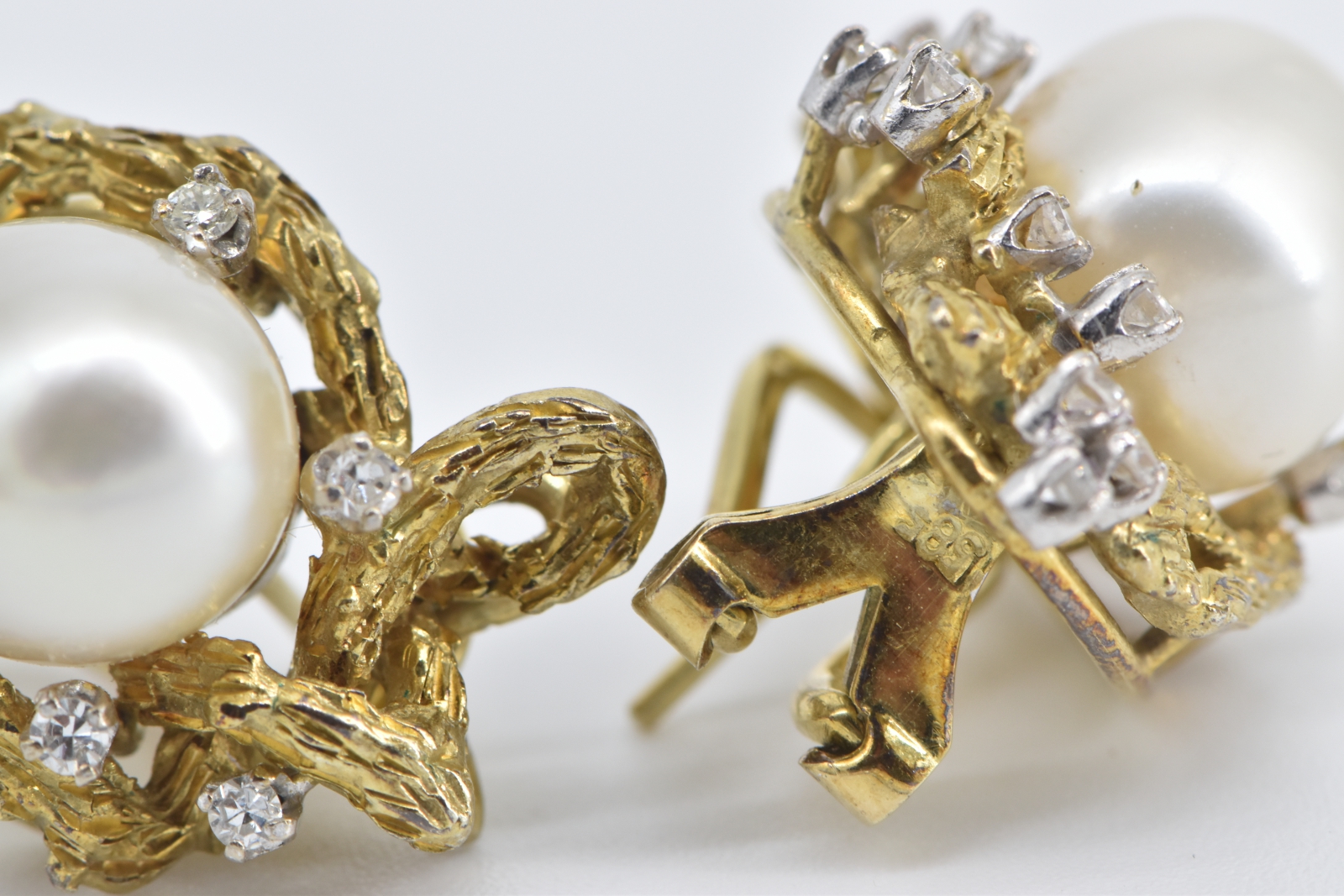 14K Larry Pearl Diamond Tree Motif French Clip Yellow Gold Earrings ...