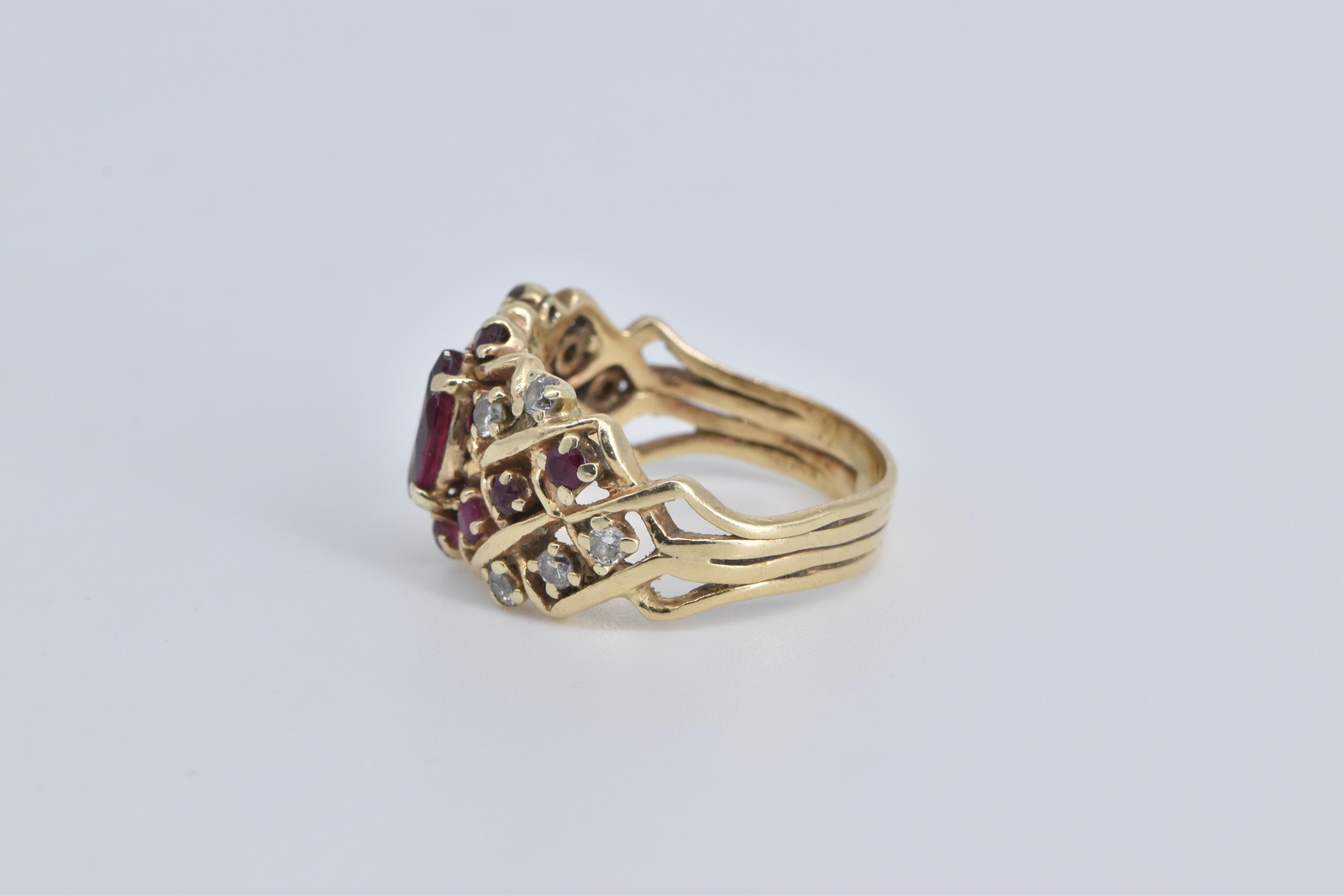 14K Marquise Ruby Natural Diamond Checkered Yellow Gold Ring, Size 7 ...