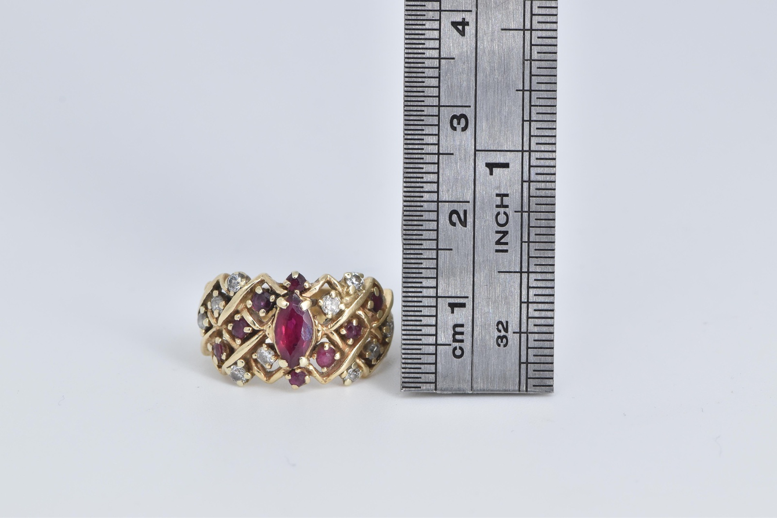 14K Marquise Ruby Natural Diamond Checkered Yellow Gold Ring, Size 7 ...