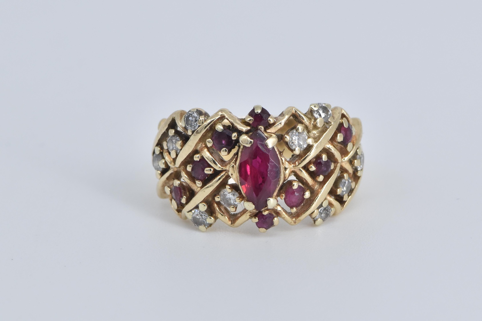 14K Marquise Ruby Natural Diamond Checkered Yellow Gold Ring, Size 7 ...