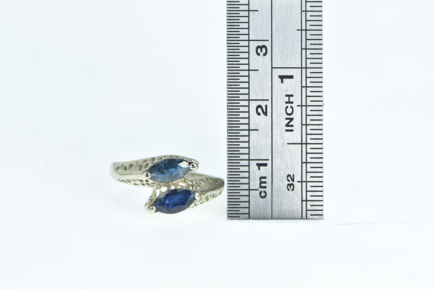 14K Marquise Sapphire Filigree Ornate Bypass White Gold Ring, Size 7 ...